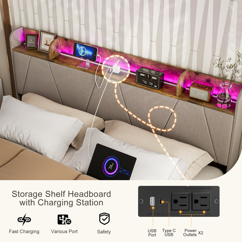 Ivy Bronx Gearl Upholstered Bed With Storage Shelf Headboard & Charging ...