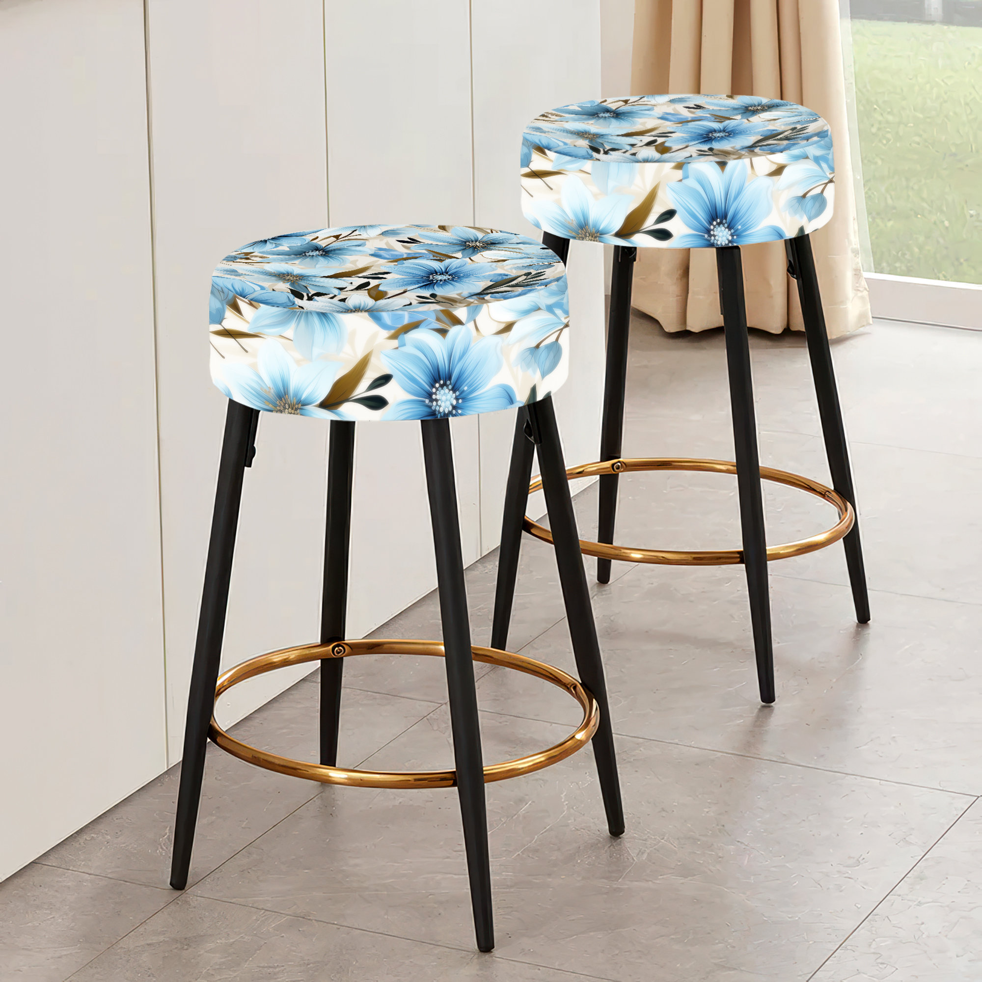 Design Art Blue Coastal Harmony Floral Pattern I - Floral Bar Stools ...