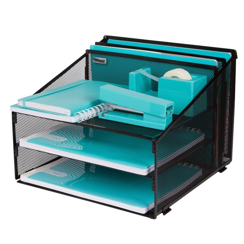 Inbox Zero Black Metal Mesh Desk Organizer - 3 Trays & 2 Upright ...