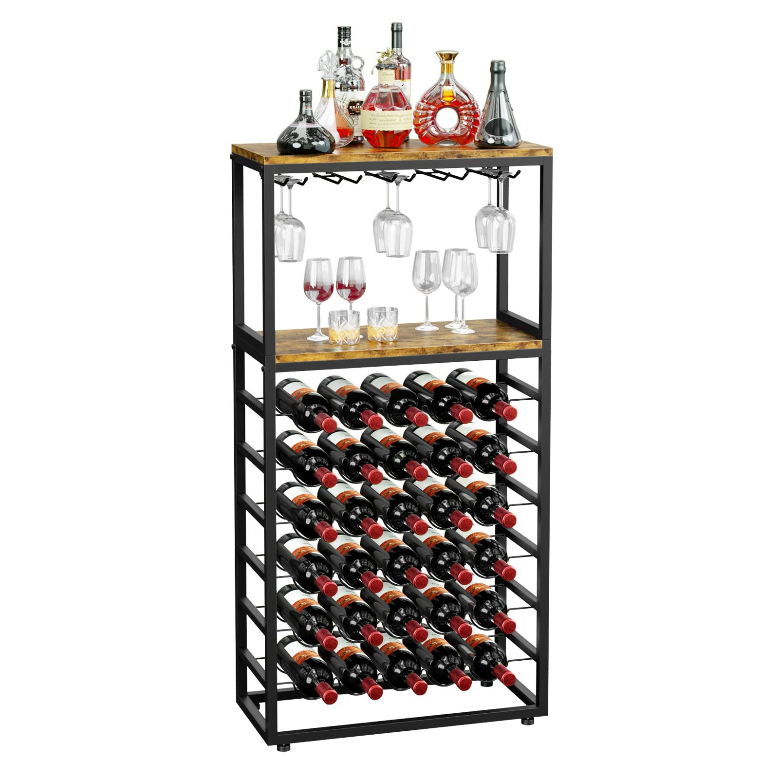 17 Stories Tineka 30 Bottle Floor Wine Bottle & Glass Rack Rustic Brown ...
