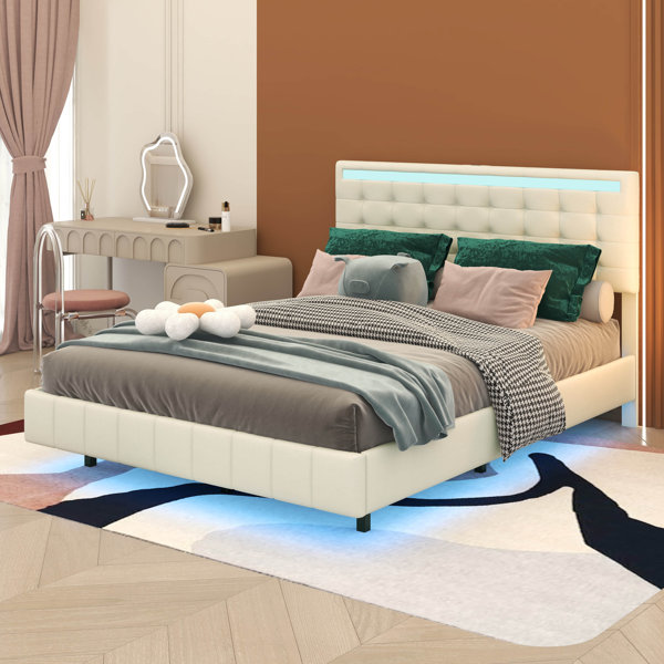 Ivy Bronx Garvine Queen Size Floating Bed Frame with LED Lights ...