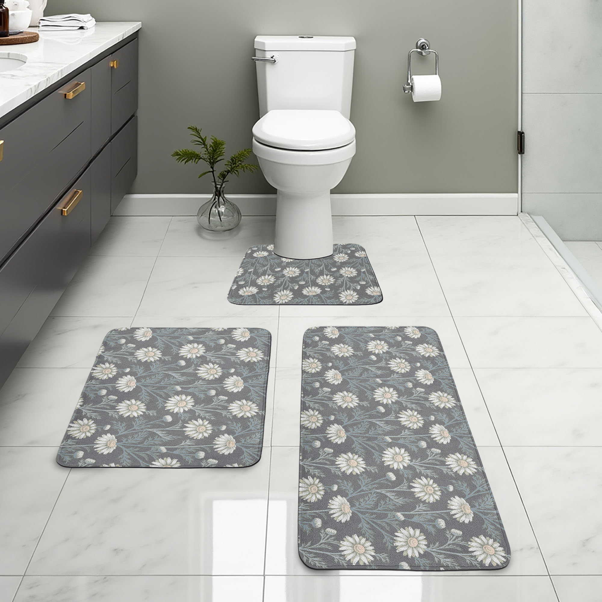 East Urban Home Floral Bathroom Rug Set 3 Pieces U-Shape & Rectangle ...