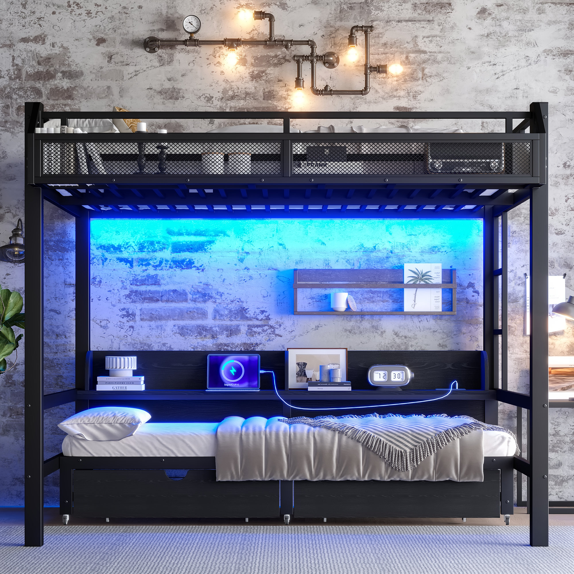 Wrought Studio Bunk Bed With Storage Shelves And Drawers ...