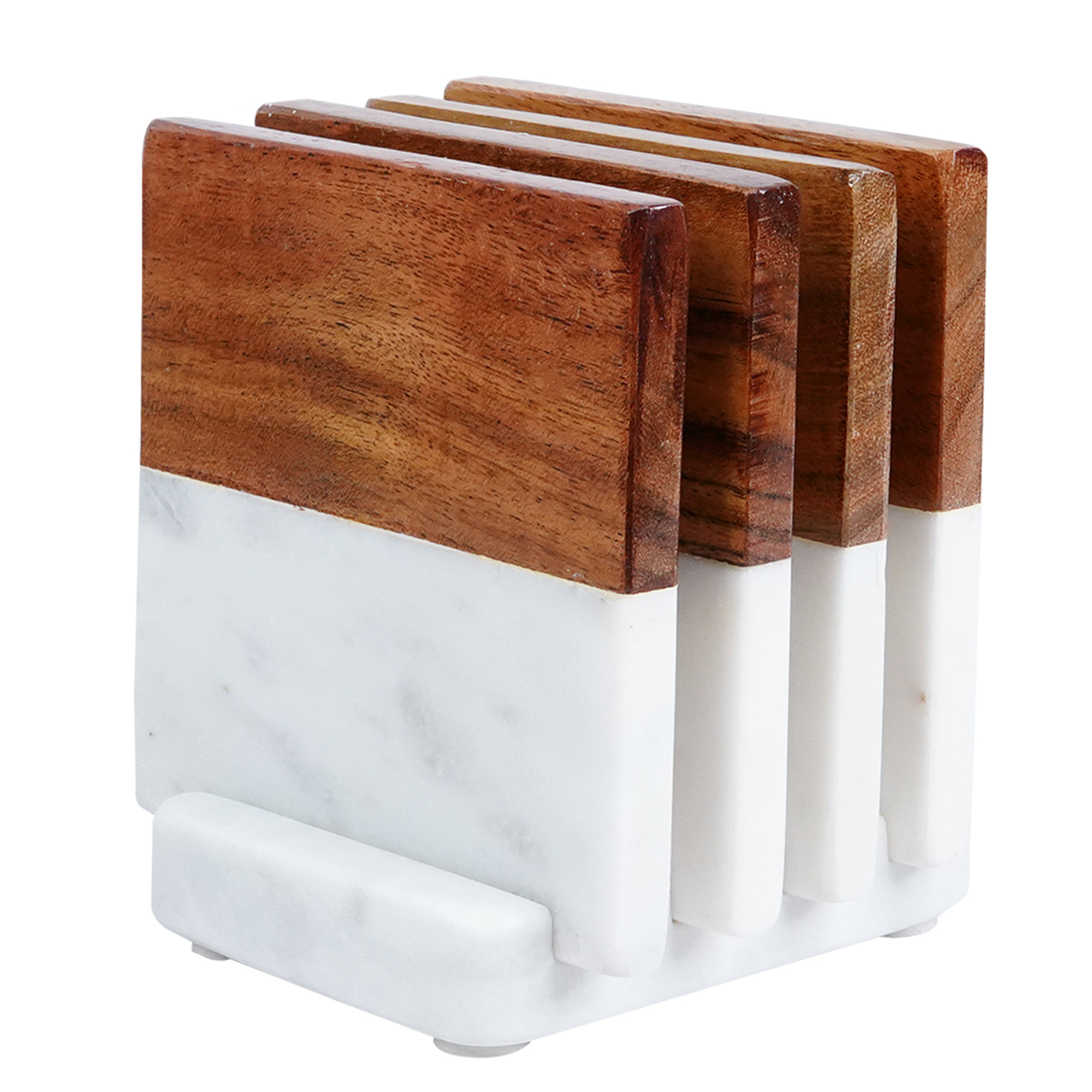 LuxeDesigns Four Square Acacia Wood and Marble Coasters Set & Reviews ...