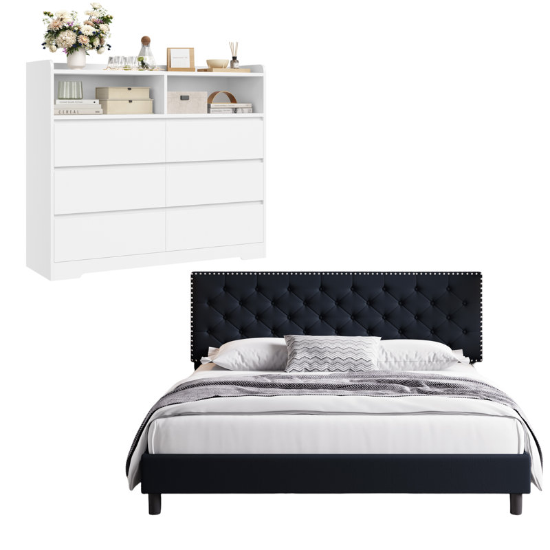 Winston Porter Fransisca 2-Piece Bedroom Set, 6 Drawer Dresser + Tufted ...