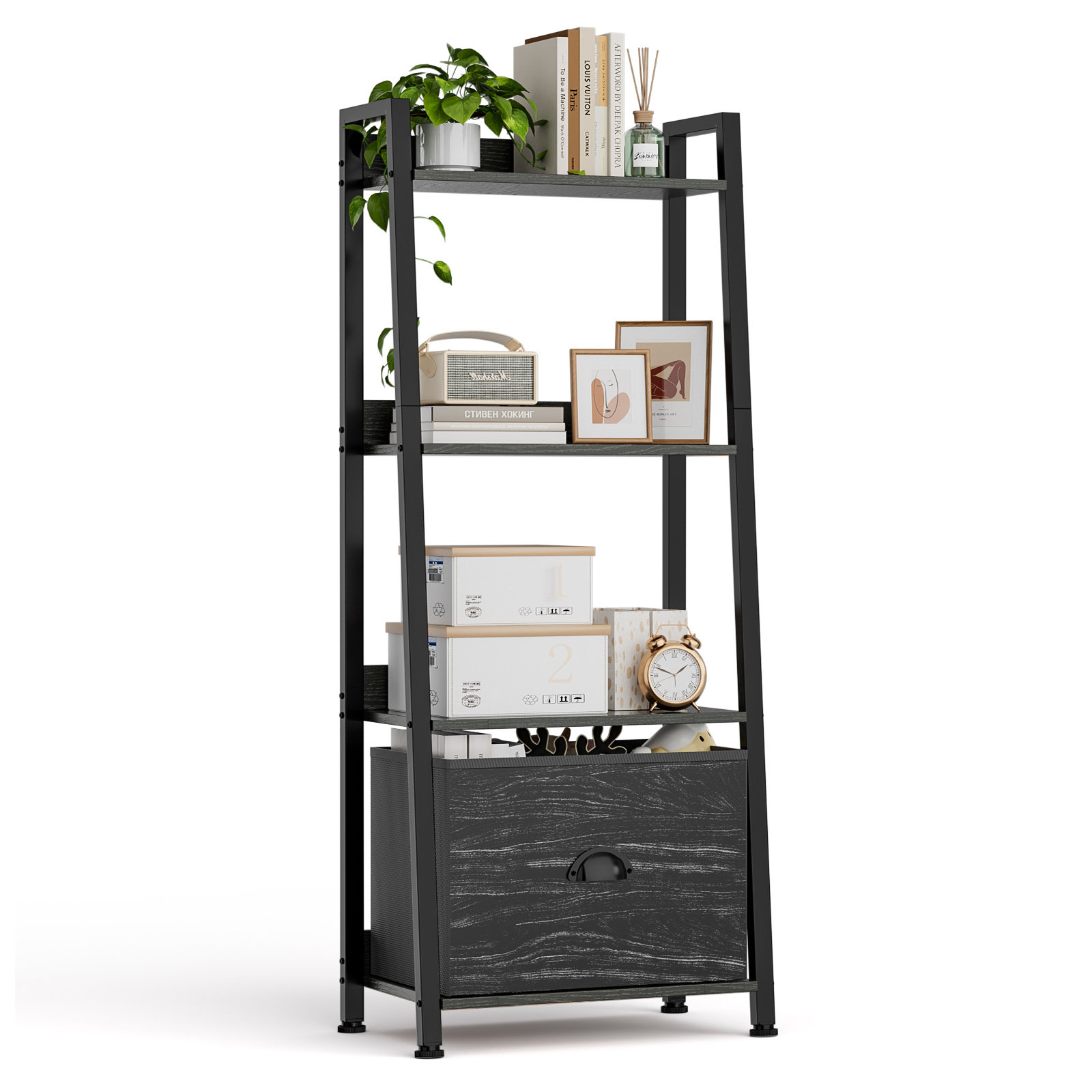 17 Stories Ladder Shelf, Upgraded Elevated Wood Ladder Bookshelf with ...