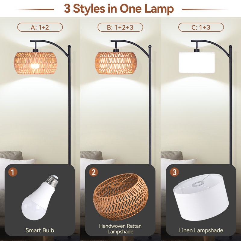 Bay Isle Home™ 63'' Arched/Arc Rattan Floor Lamp, Boho Bamboo Standing ...