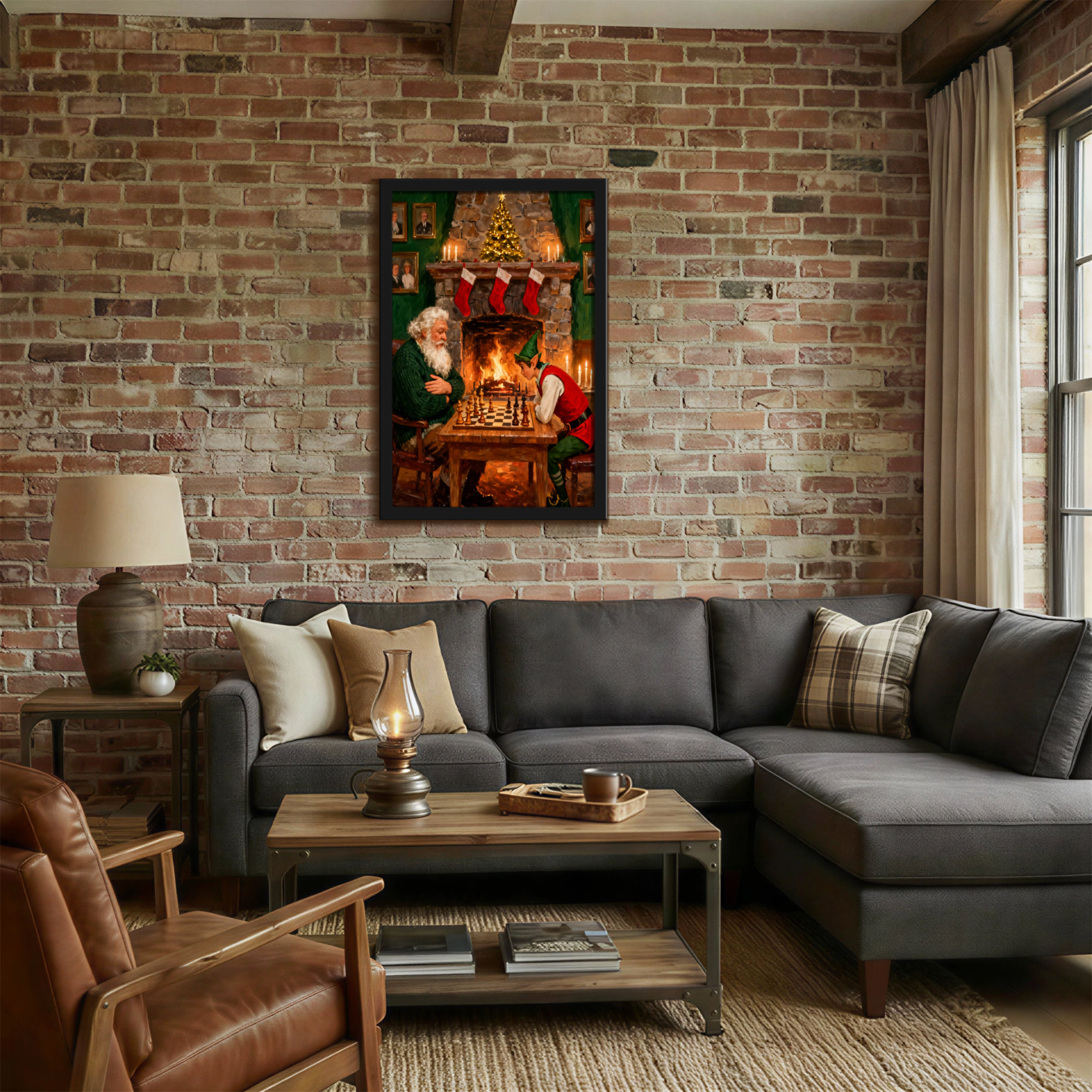 Canora Grey Christmas Santa And Elf Playing Chess By Fireplace | Wayfair