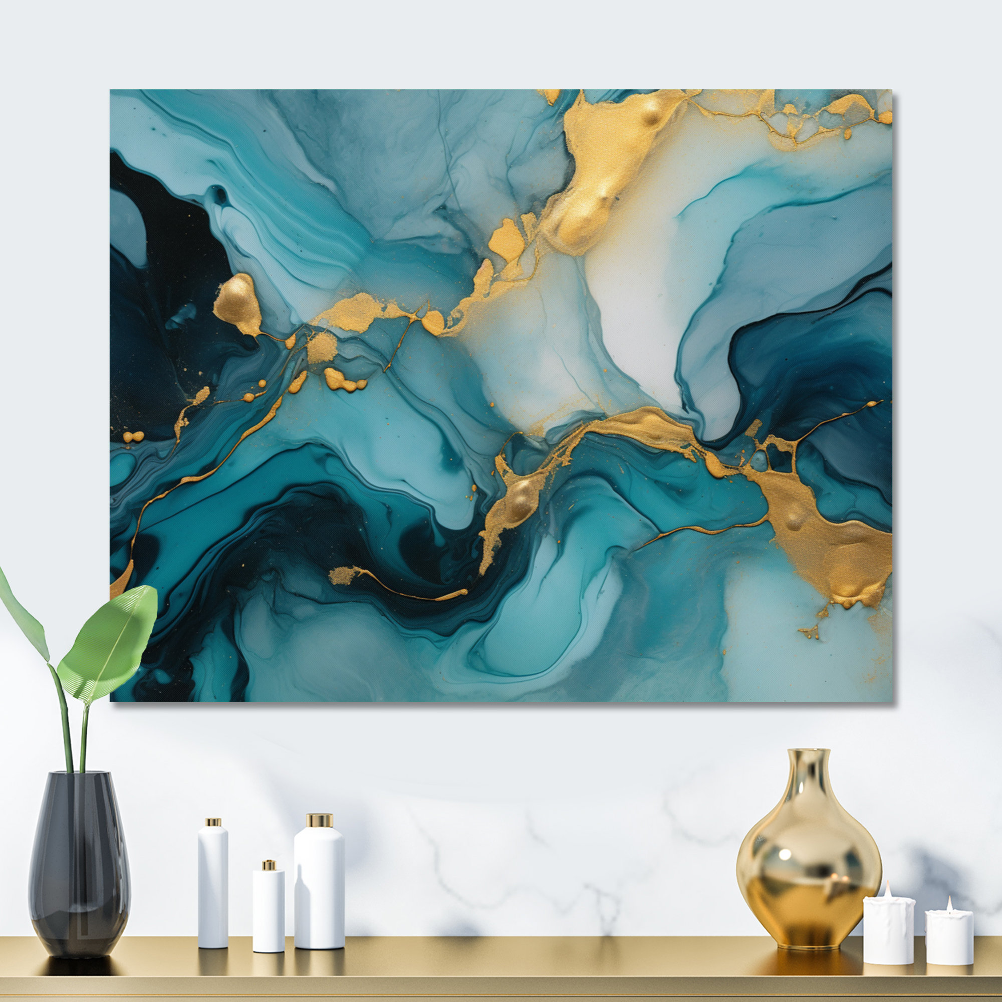 Mercer41 Turquoise Gold Infused Marble II - Fractals Metal Wall Decor ...