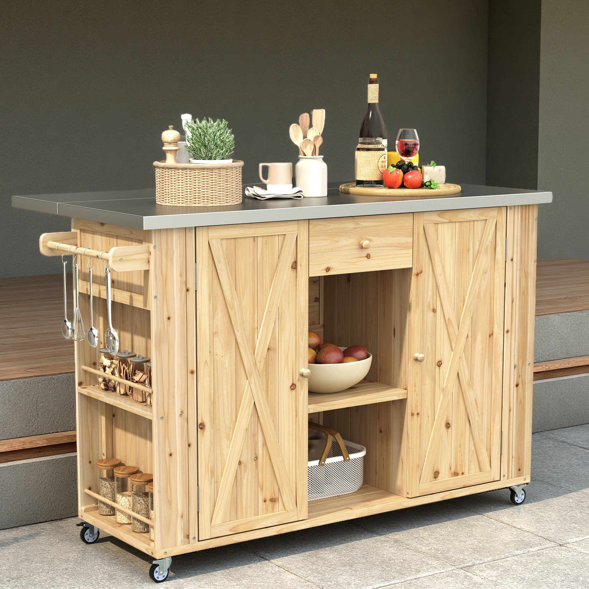 One Allium Way Outdoor Kitchen Island Natural Wood, Foldable Stainless ...