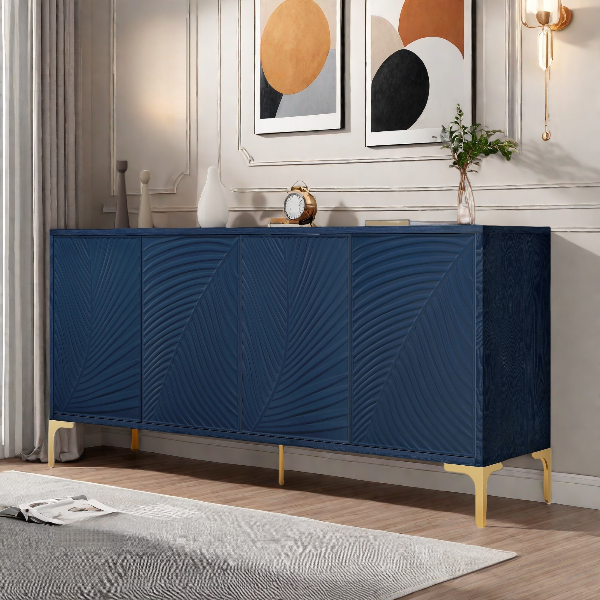 Mercer41 4 Doors Wood Sideboard With Adjustable Shelves, Stripe Carving ...