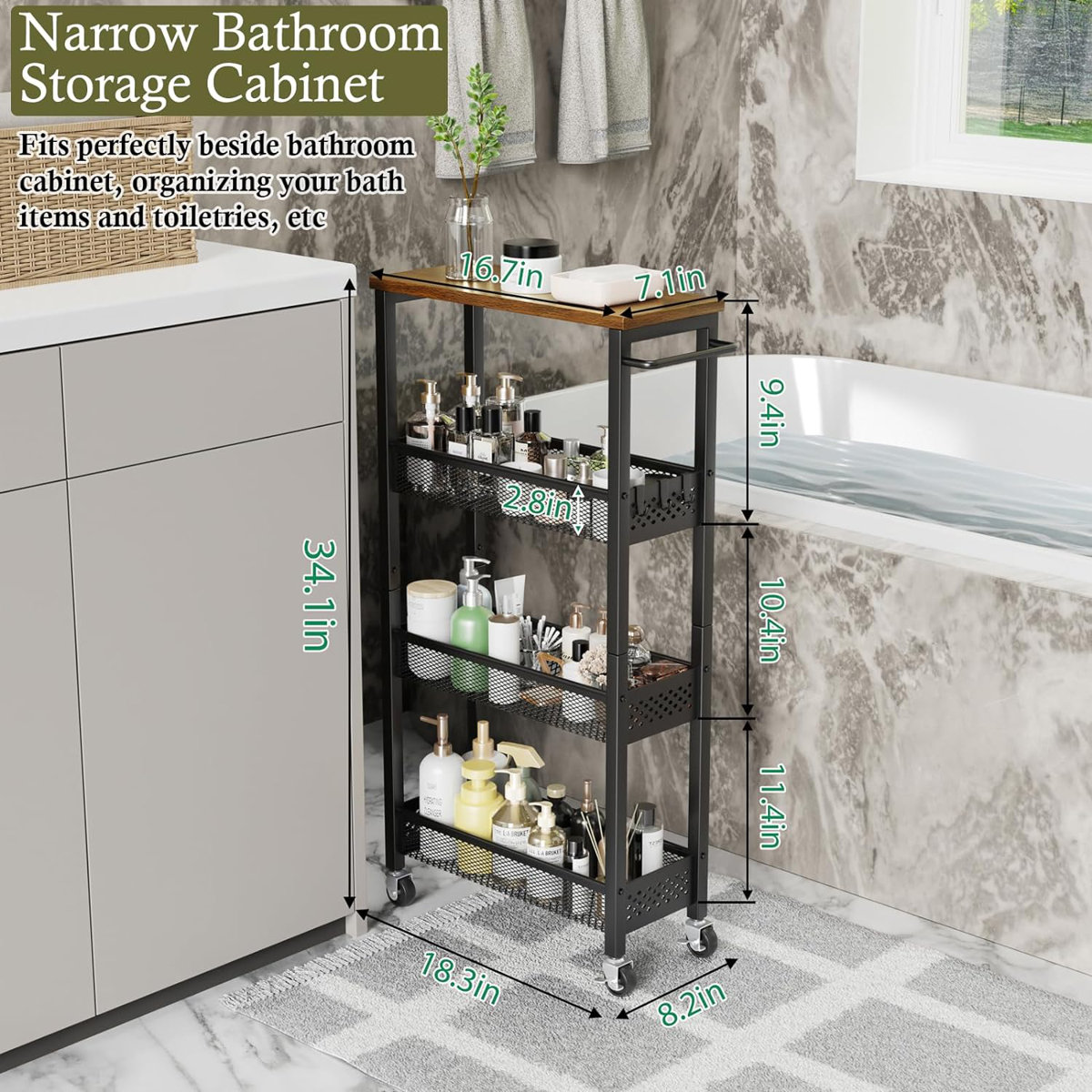 Elaine Mercure Utility Storage Cart, 4 Tier Small Rolling Kitchen ...