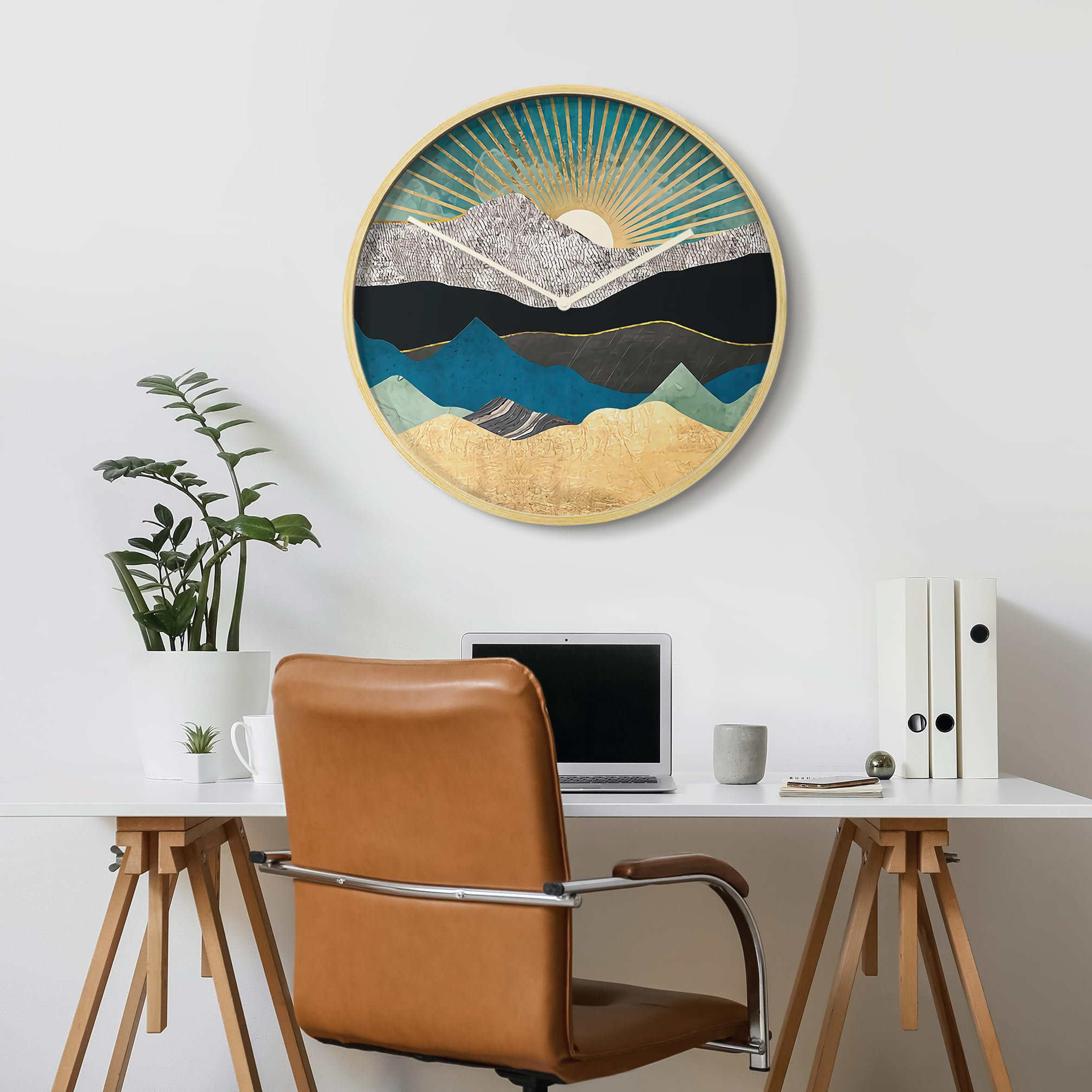 SIGNLEADER Gold Mountain Range Sunshine Clock Decor Wooden Large Wall ...