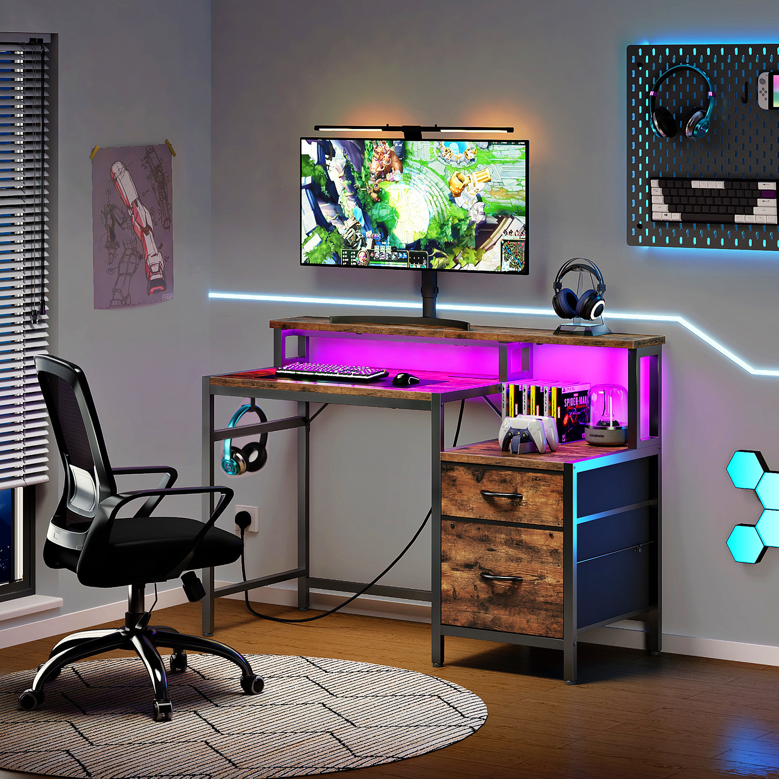 Metro Lane Computer Desk With Power Strip, Home Office Desk With File ...