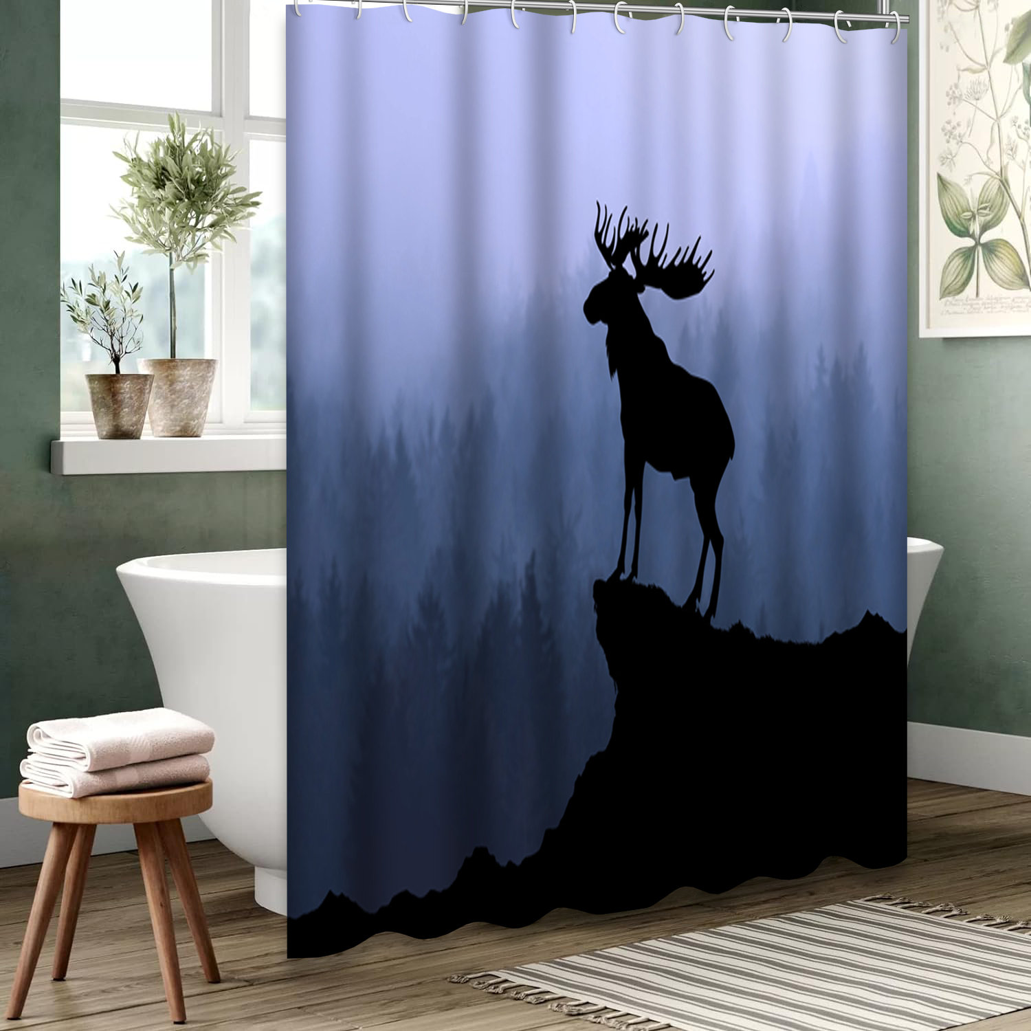 East Urban Home Wilderness Elk Forest Shower Curtain with 12 Hooks ...