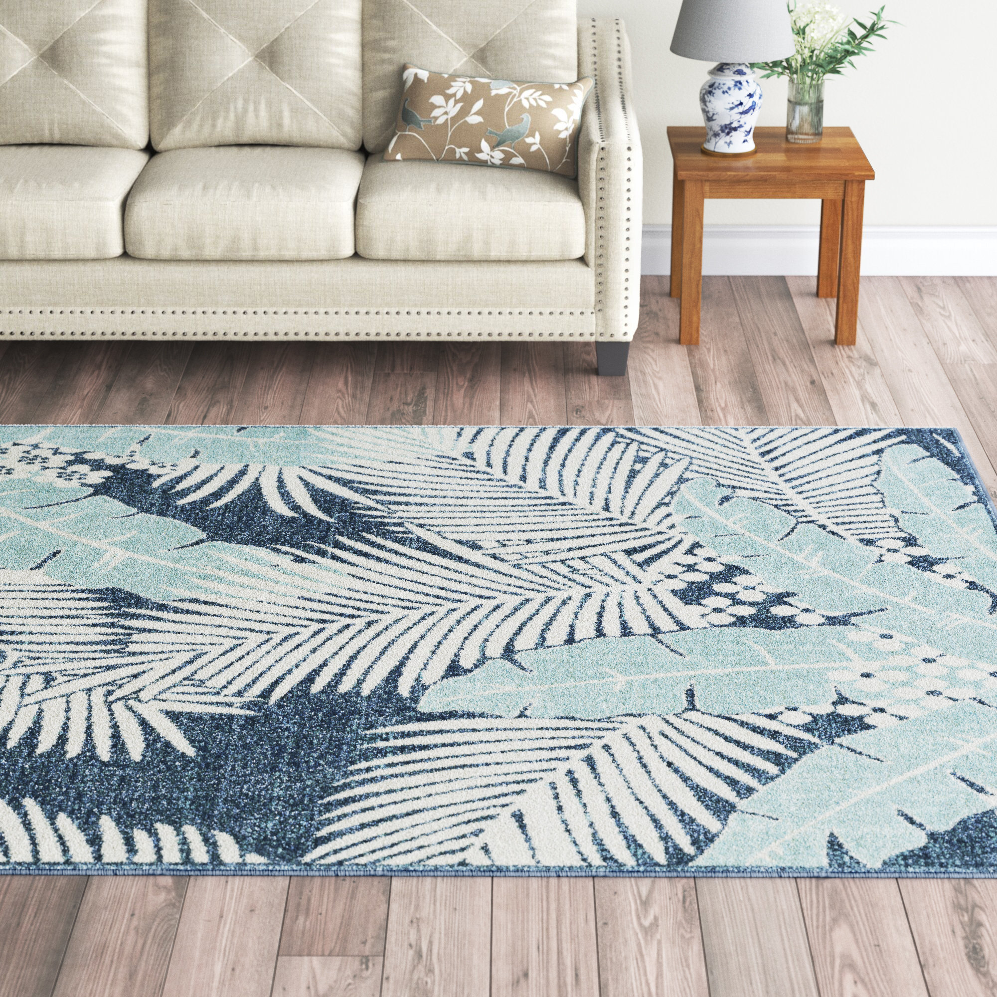 Beachcrest Home™ Ajinkya Indoor/Outdoor Floral Dark Blue/Aqua/Gray Area ...