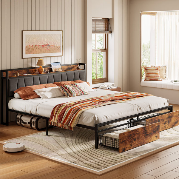 17 Stories Brown-grey California King Size Bed Frame, Charging Head ...