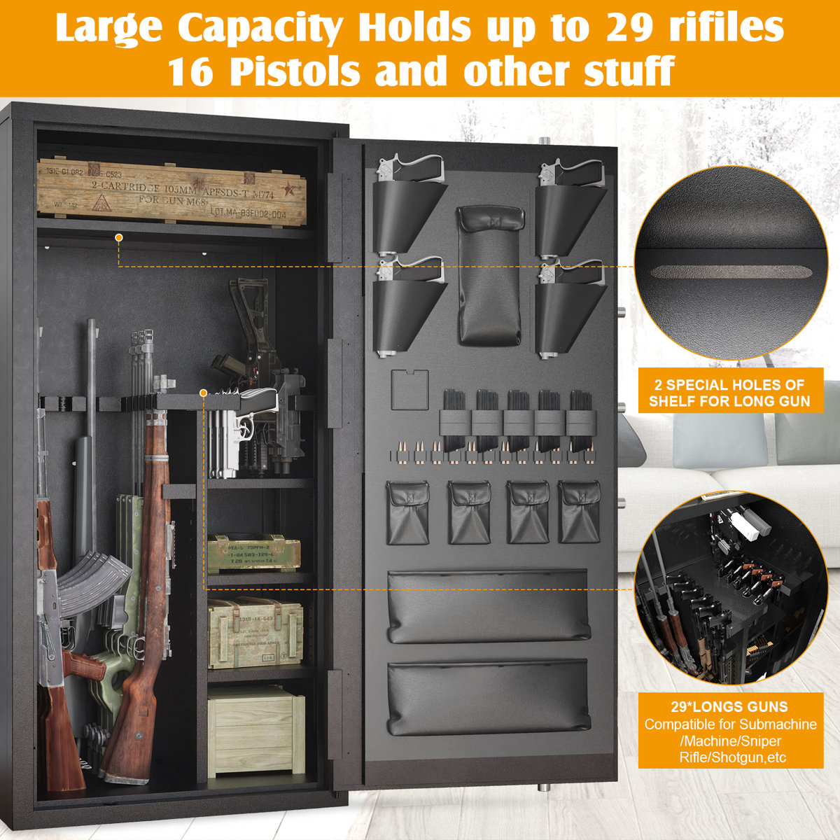 HTOCINQ 29 Gun Safe With Led Light, Password Lock & 180° Open Door ...
