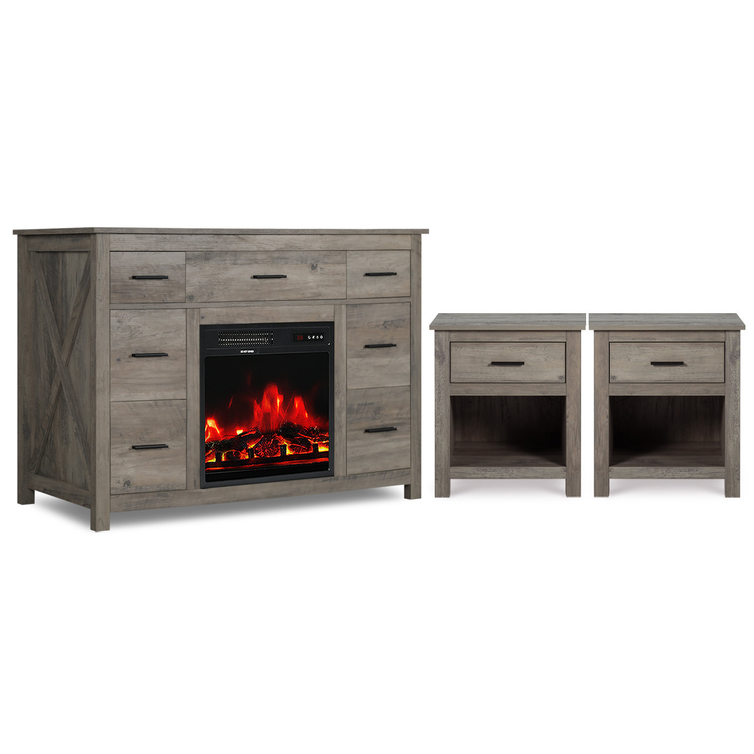 Gracie Oaks Thaney Grey Fireplace Dresser And Nightstands Set For ...