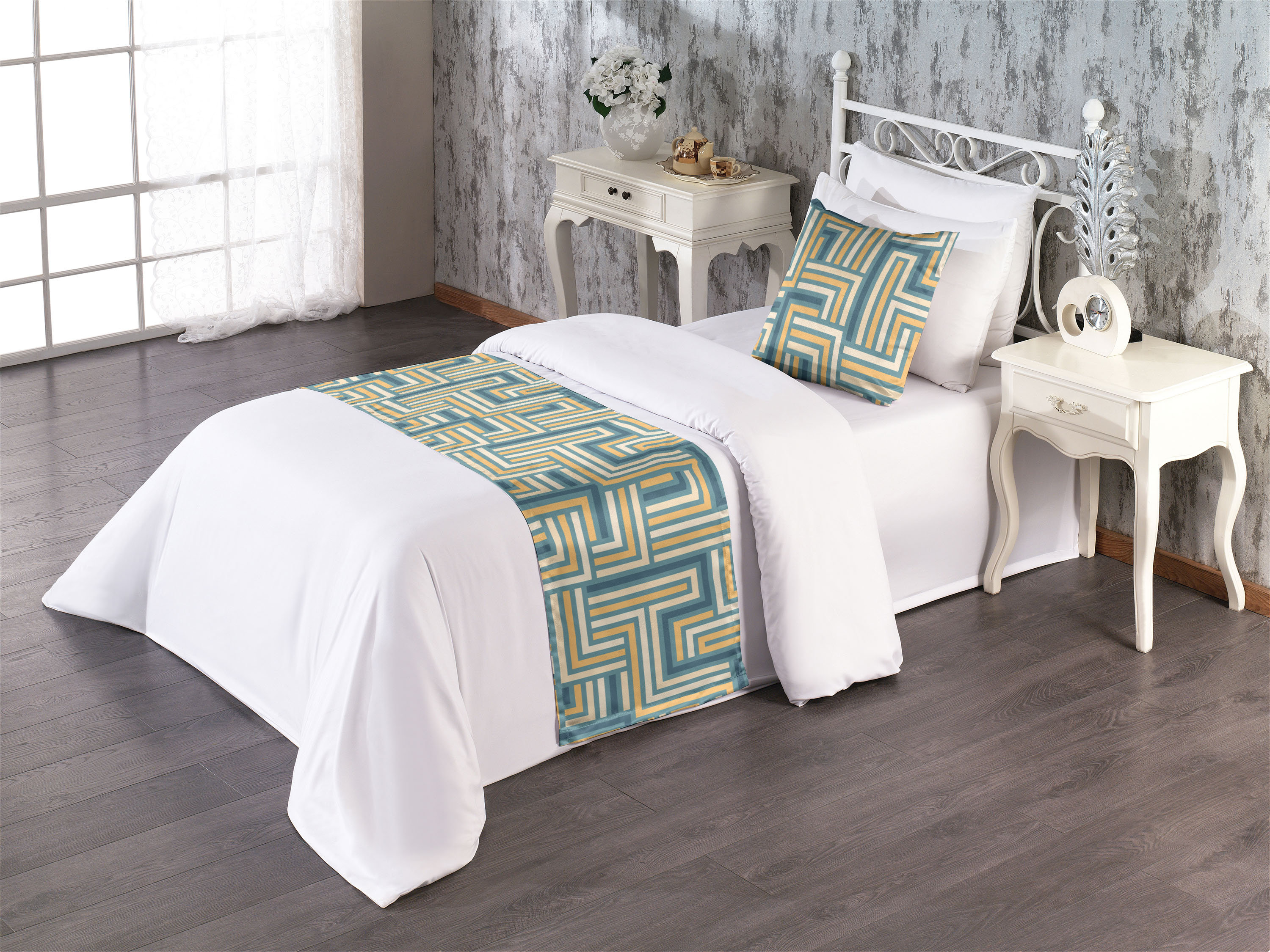 Ambesonne Geometric Bed Runner Set Retro Maze Rectangles Art Champagne ...