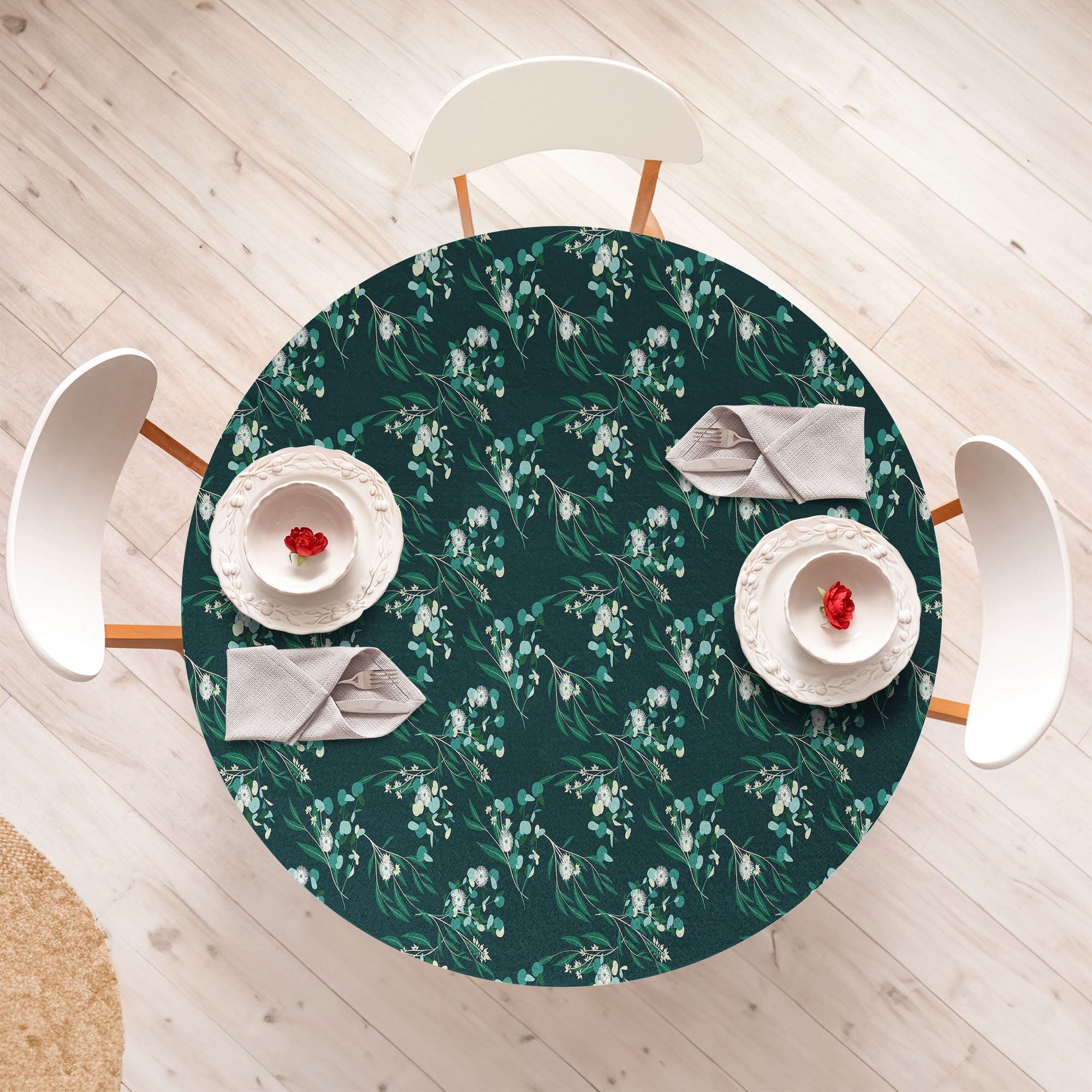 House of Hampton® Botanical Fitted Round Tablecloth Diameter Petrol ...