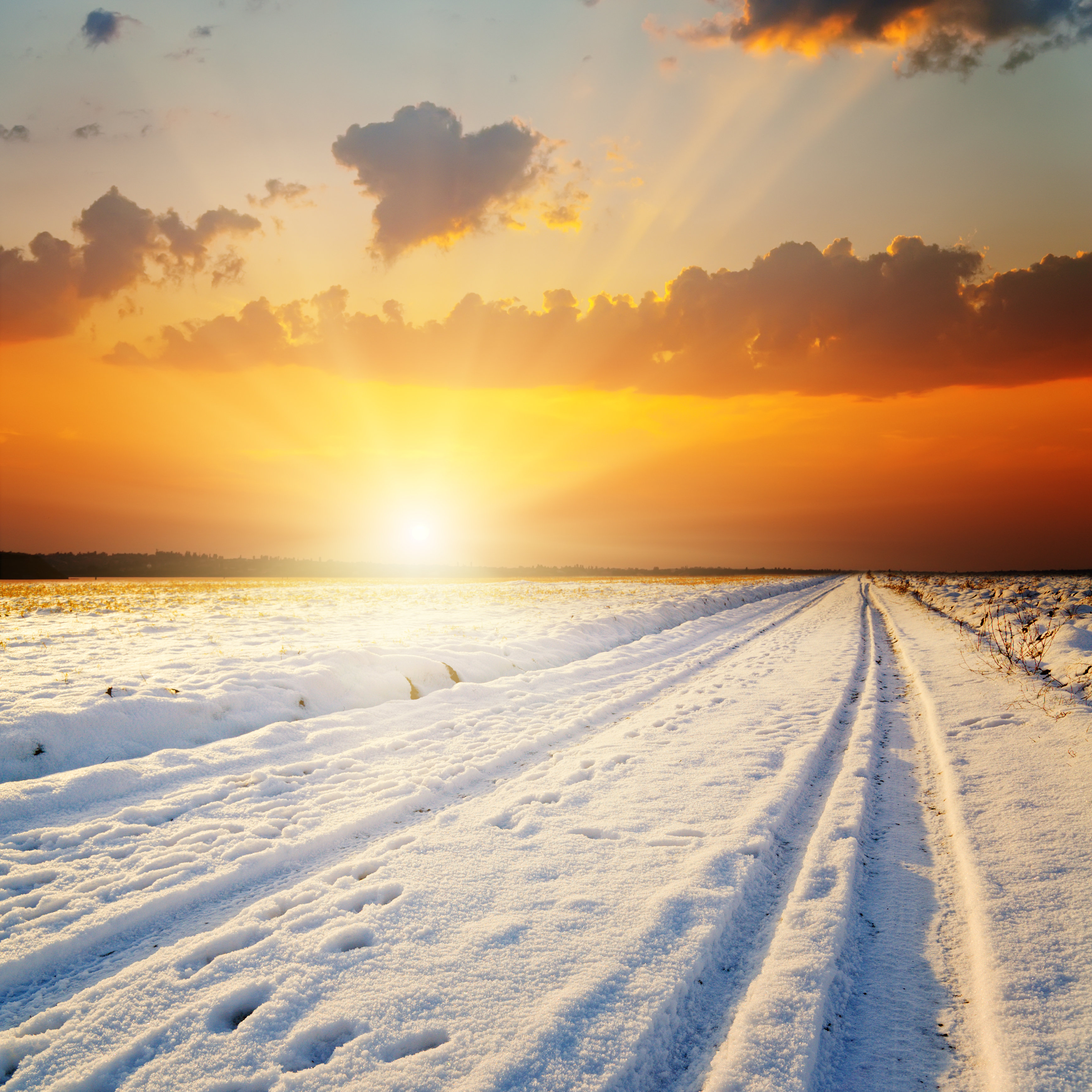 Ebern Designs Sunset overRoad with Snow - Wrapped Canvas Photograph ...