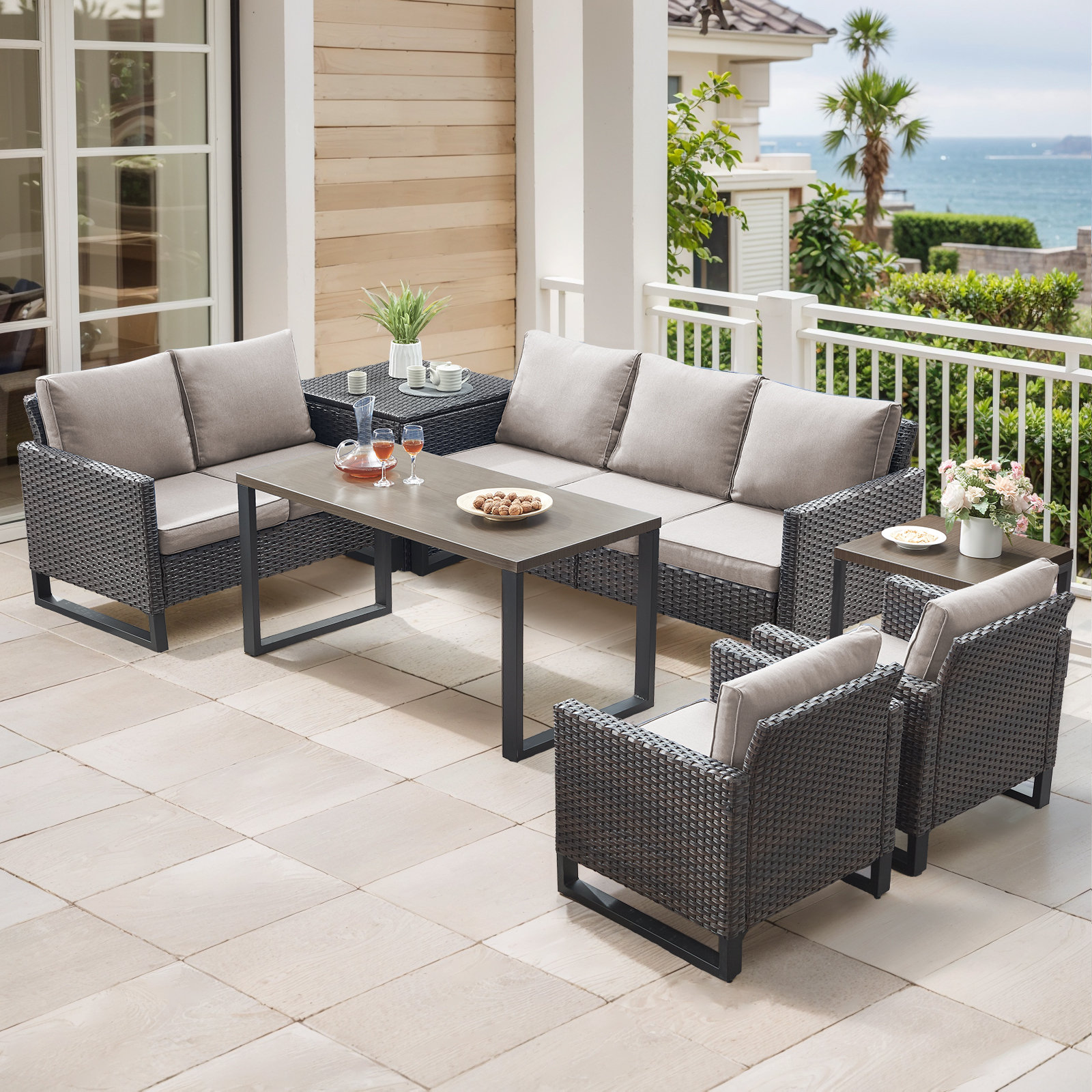 Latitude Run® 7 Person All-Weather Wicker Outdoor Conversation Set ...