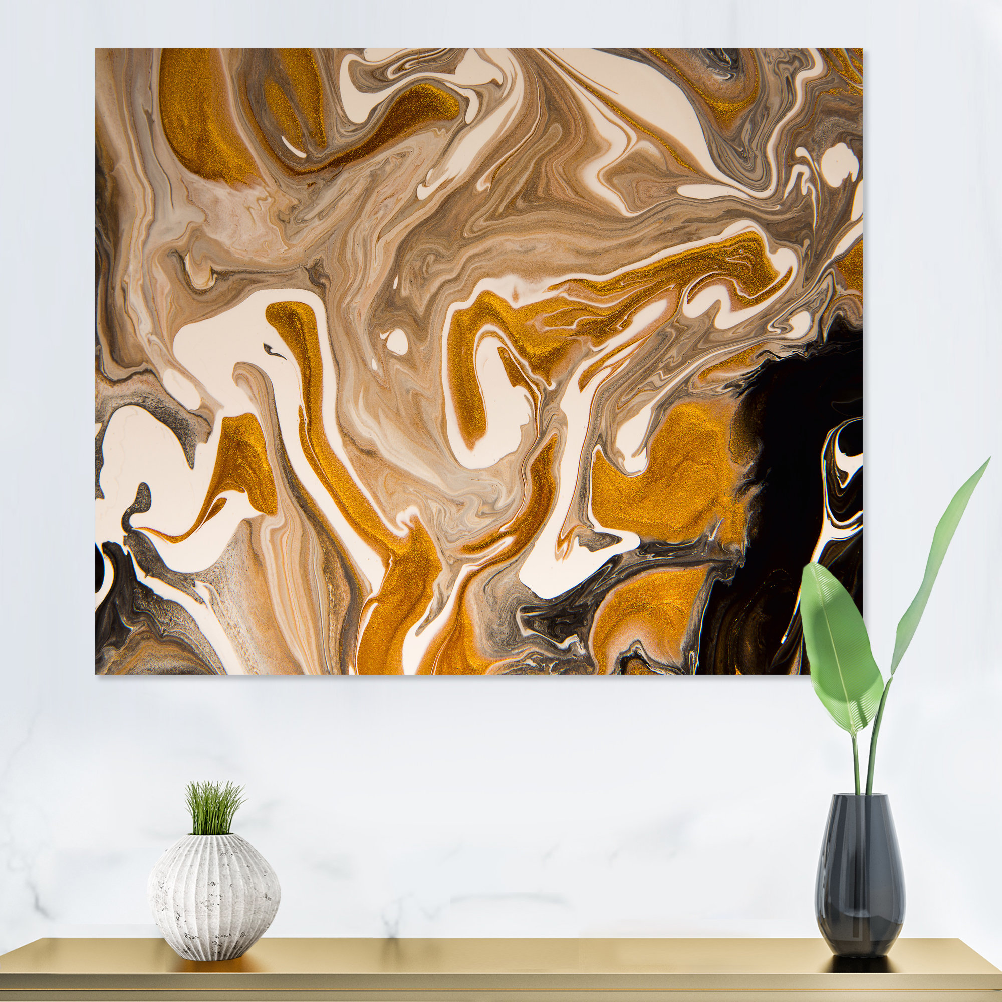 East Urban Home Brown Wave with Black and White Blotches - Print on ...