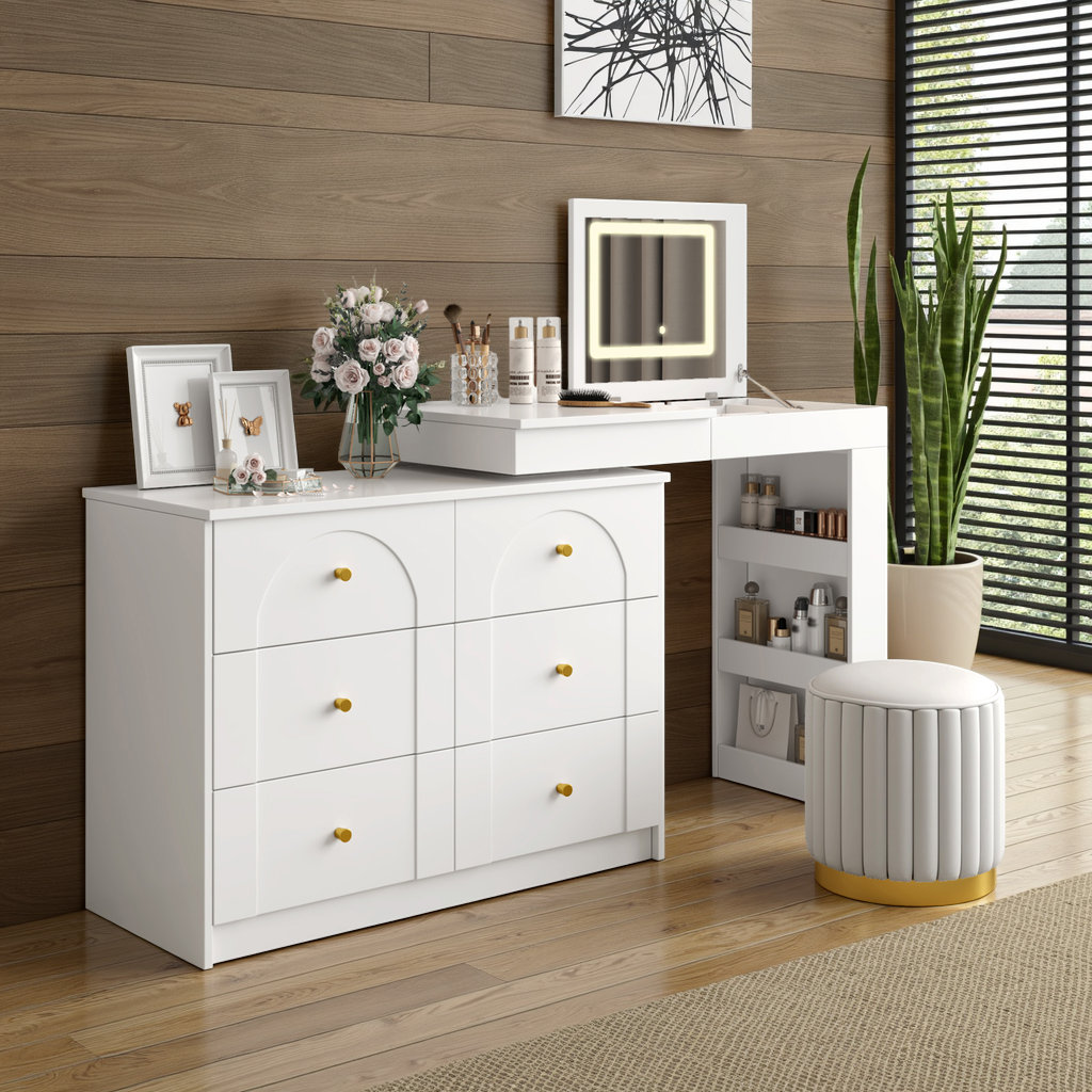 Latitude Run® 60" Convertible Vanity Desk with LED Mirror & Flip-Top, 7 ...