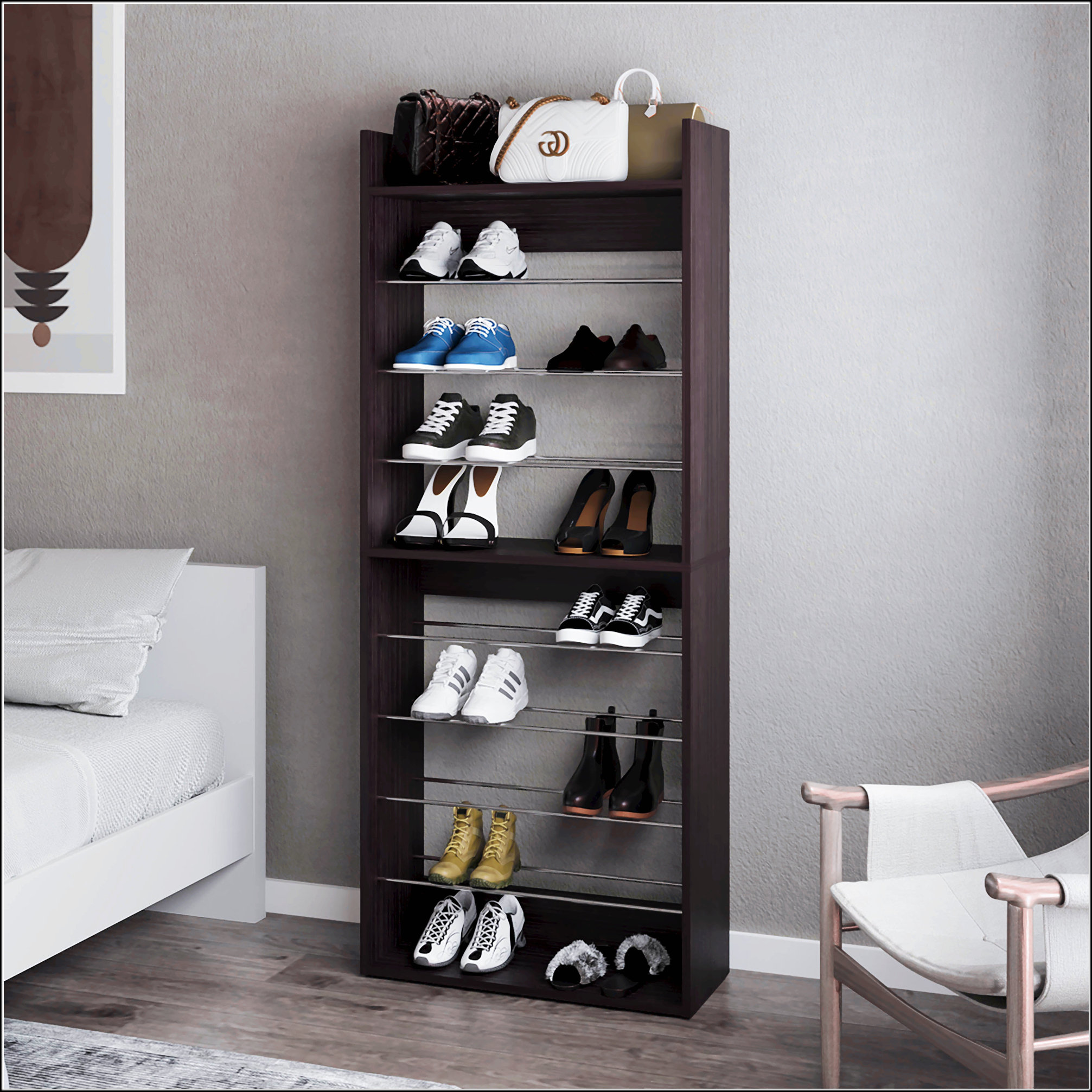 Ebern Designs Wengue Tall Open Shoe Rack With Metal Rails And Multi ...