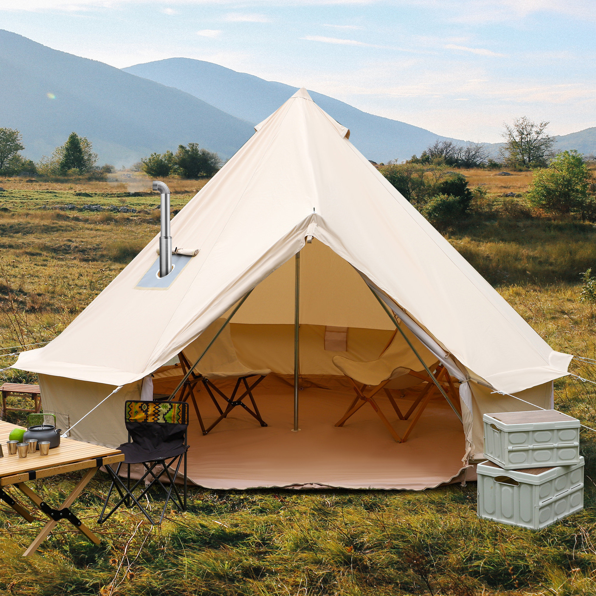 Puppywish 3m Cotton Canvas Bell Tent With Stove Jack, Roomy Yurt For ...