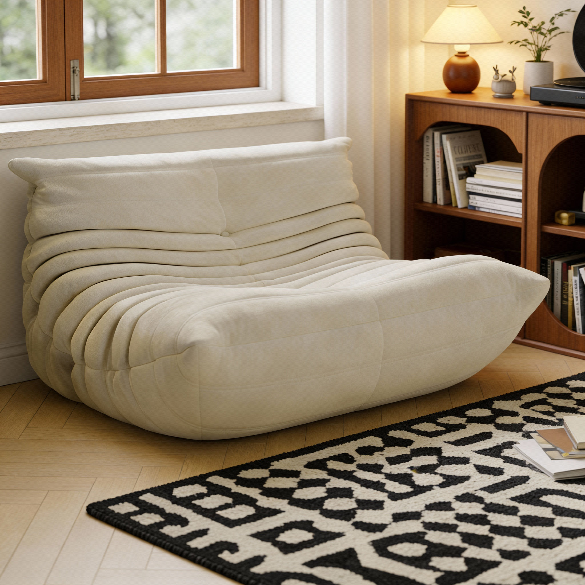 Ivy Bronx Large Curved Chair, Beige Velvet Fabric with High-Resilience ...