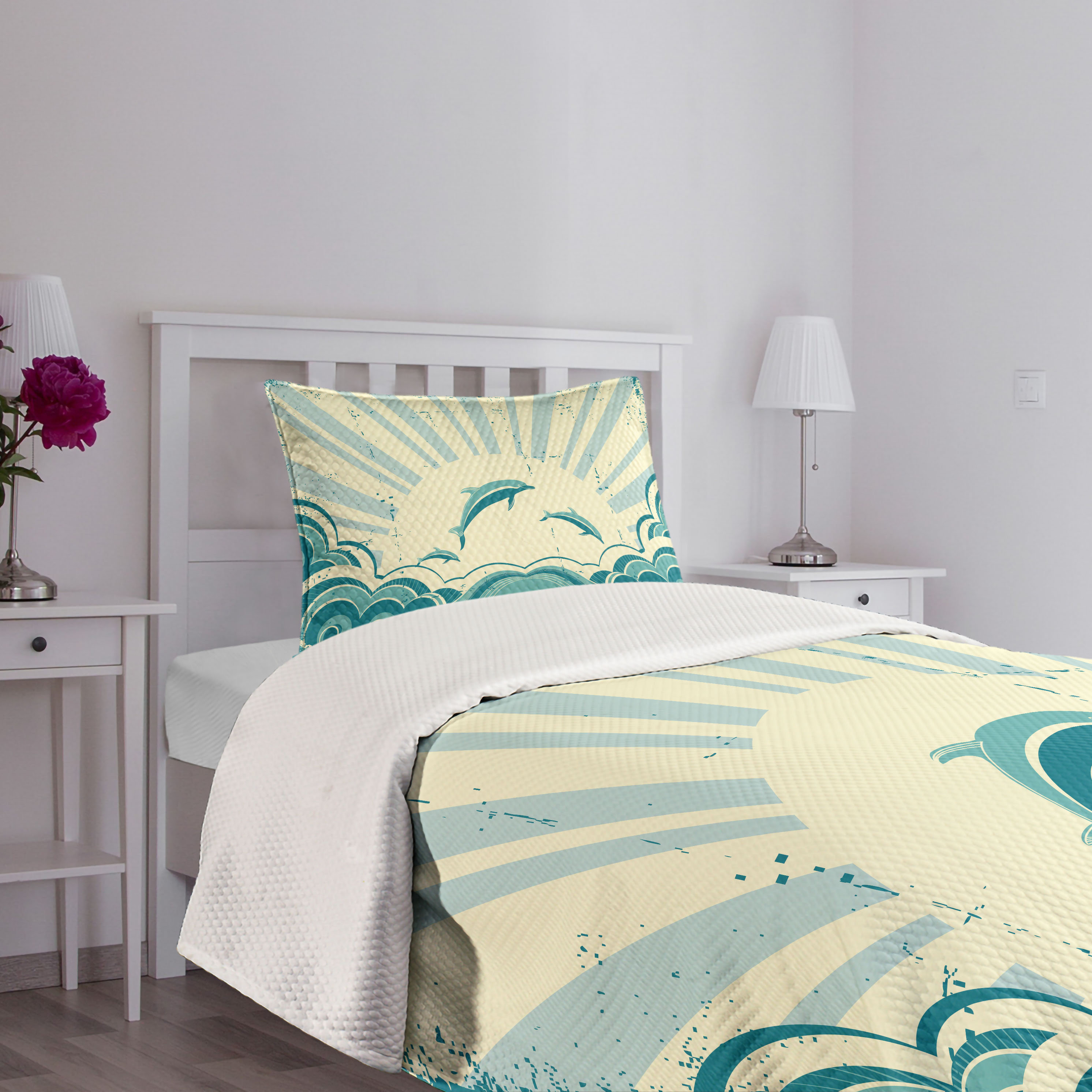 Ambesonne Dolphin Bedspread Nautical Inspirations Teal Pale Yellow ...