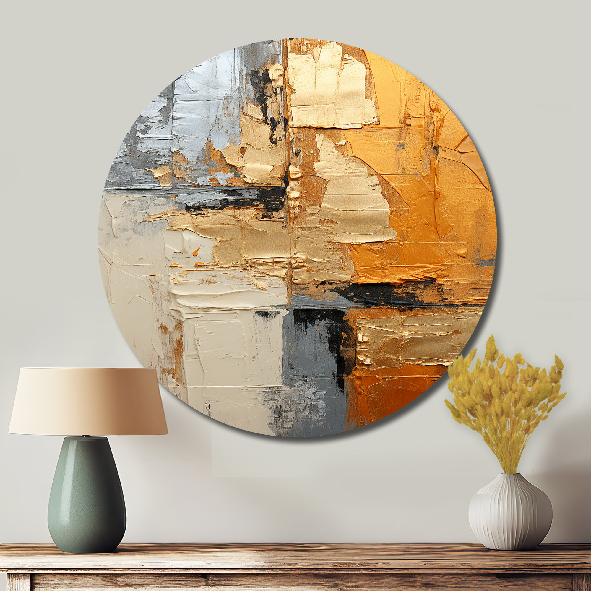 Design Art Gold Grey Gleaming Geometry XV - Abstract Round Metal Art ...