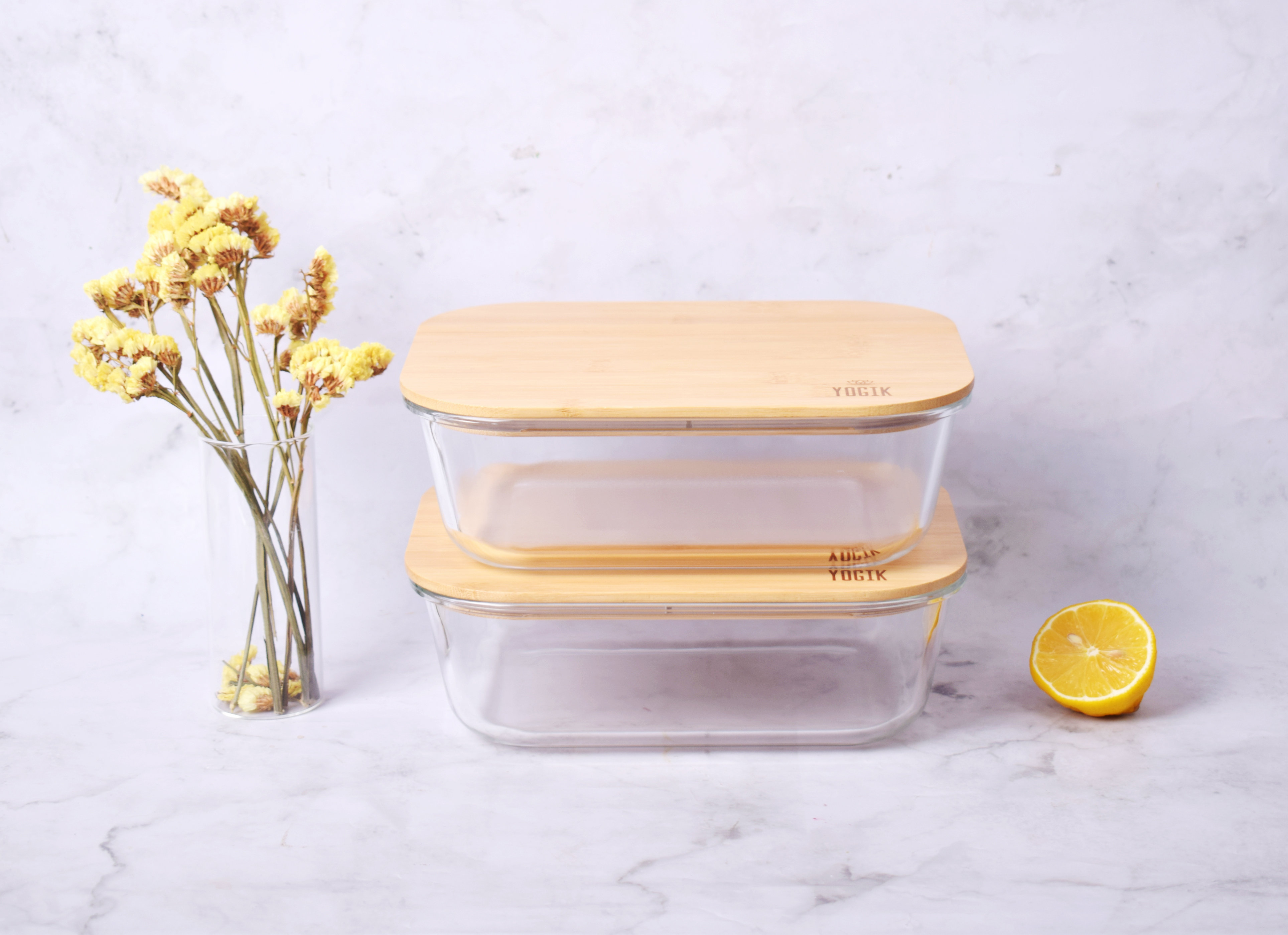 Yogik Set Of 2 Rectangular High Borosilicate Glass Food Storage Containers 2260ml With Eco ...