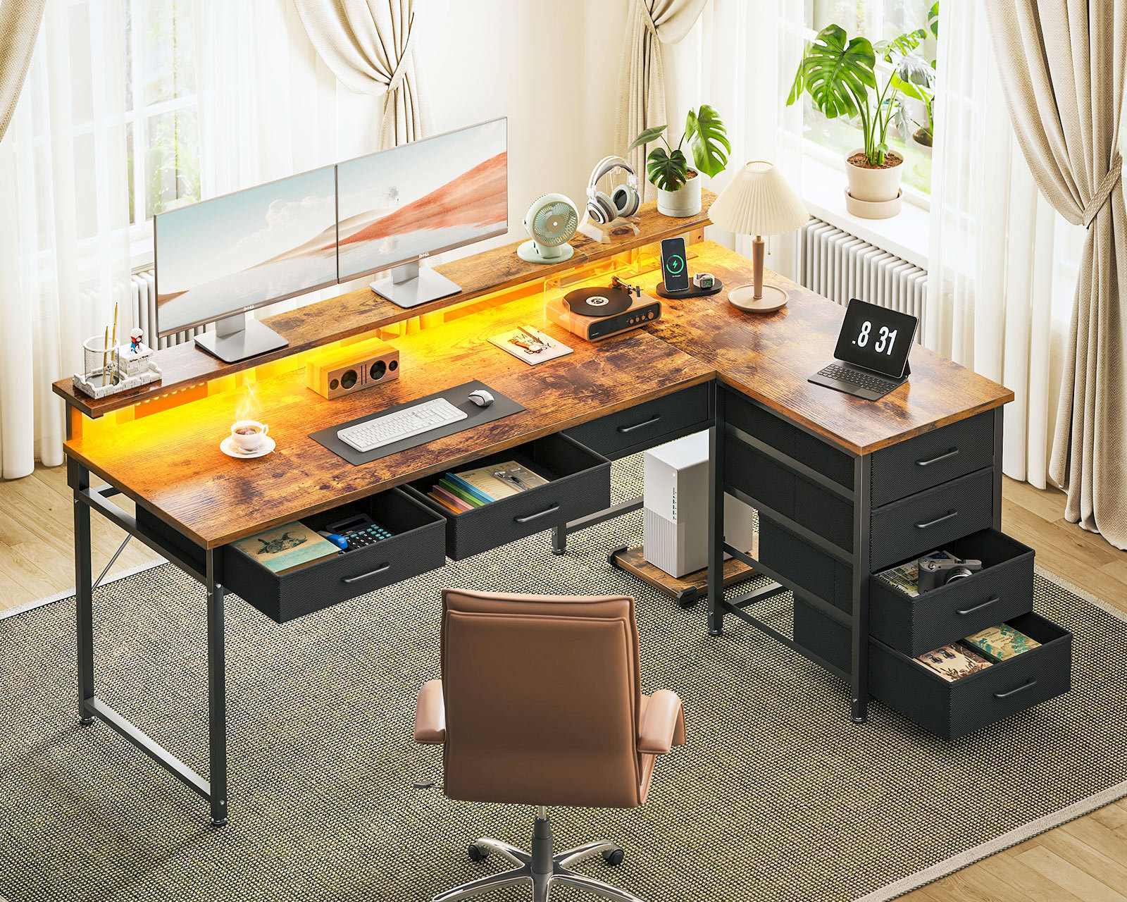 Inbox Zero Computer Desk With 7-tier Fabric Drawers,reversible L-shaped ...