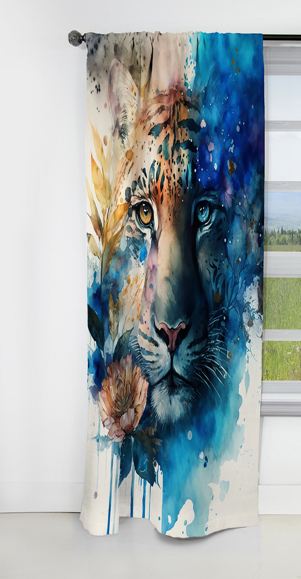 Design Art Tiger Portrait With Flowers II - Tiger Curtain - Blackout ...