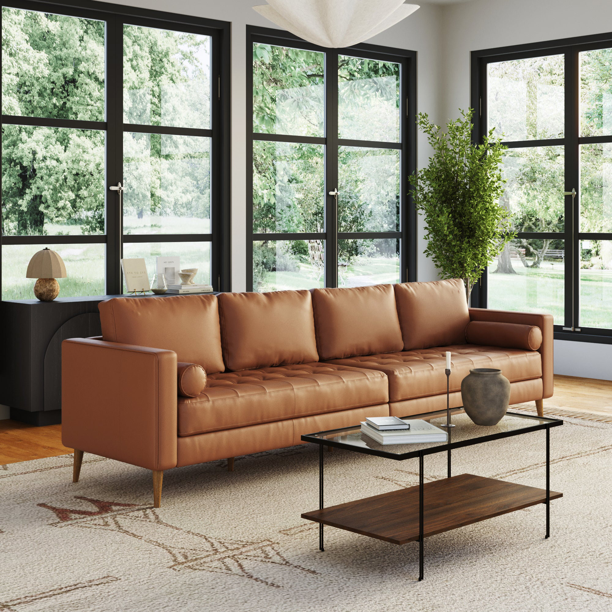 17 Stories Camel Leather Sofa With Tufted Bench Cushion And Solid Wood ...