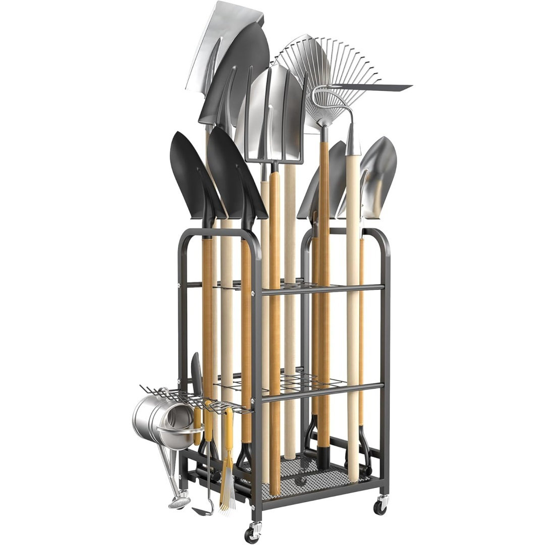 17 Stories Garden Tool Organizer Stand With Wheels, Rakes Shovels Yard ...