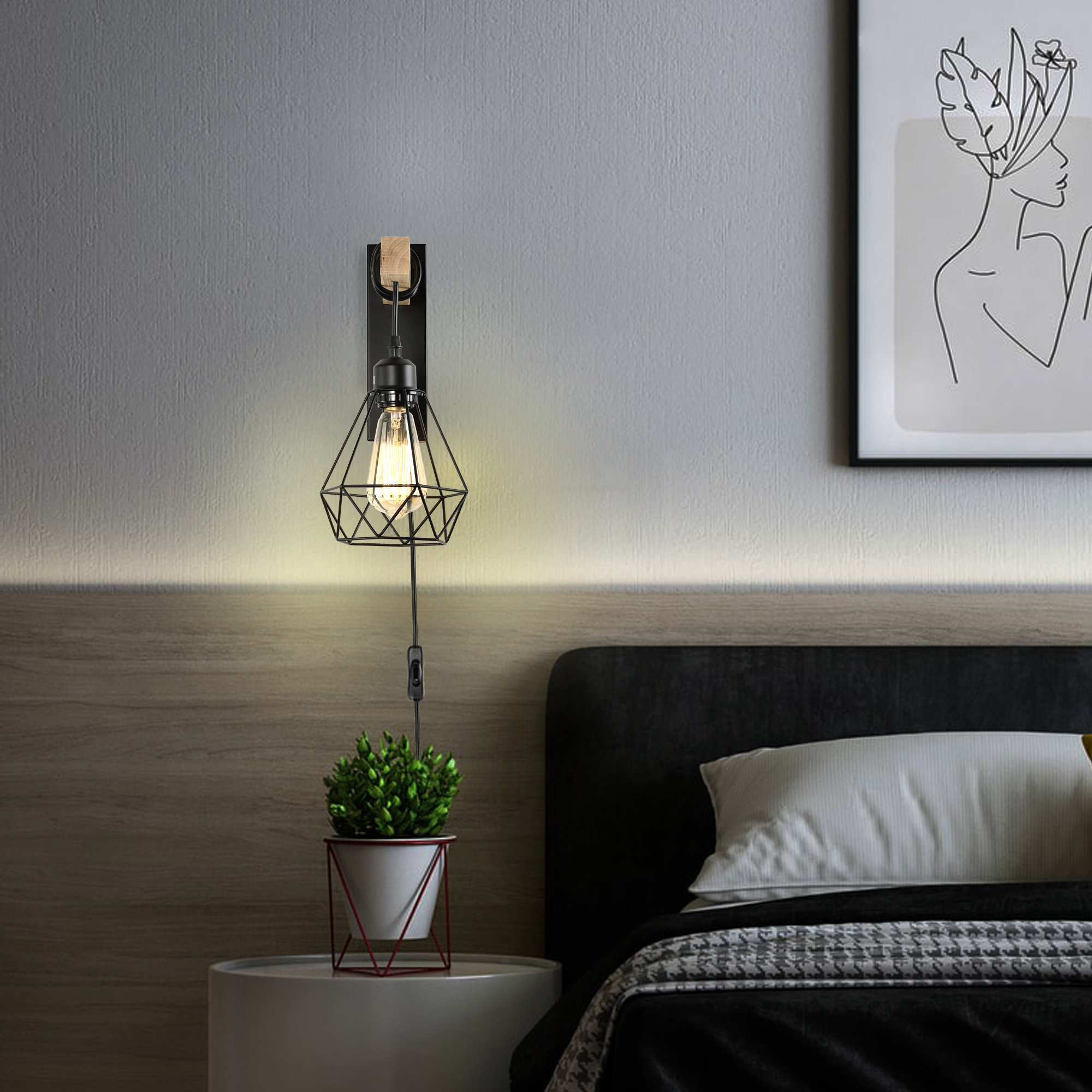 17 Stories Industrial Farmhouse Bedside Plug in Wall Lamps | Wayfair