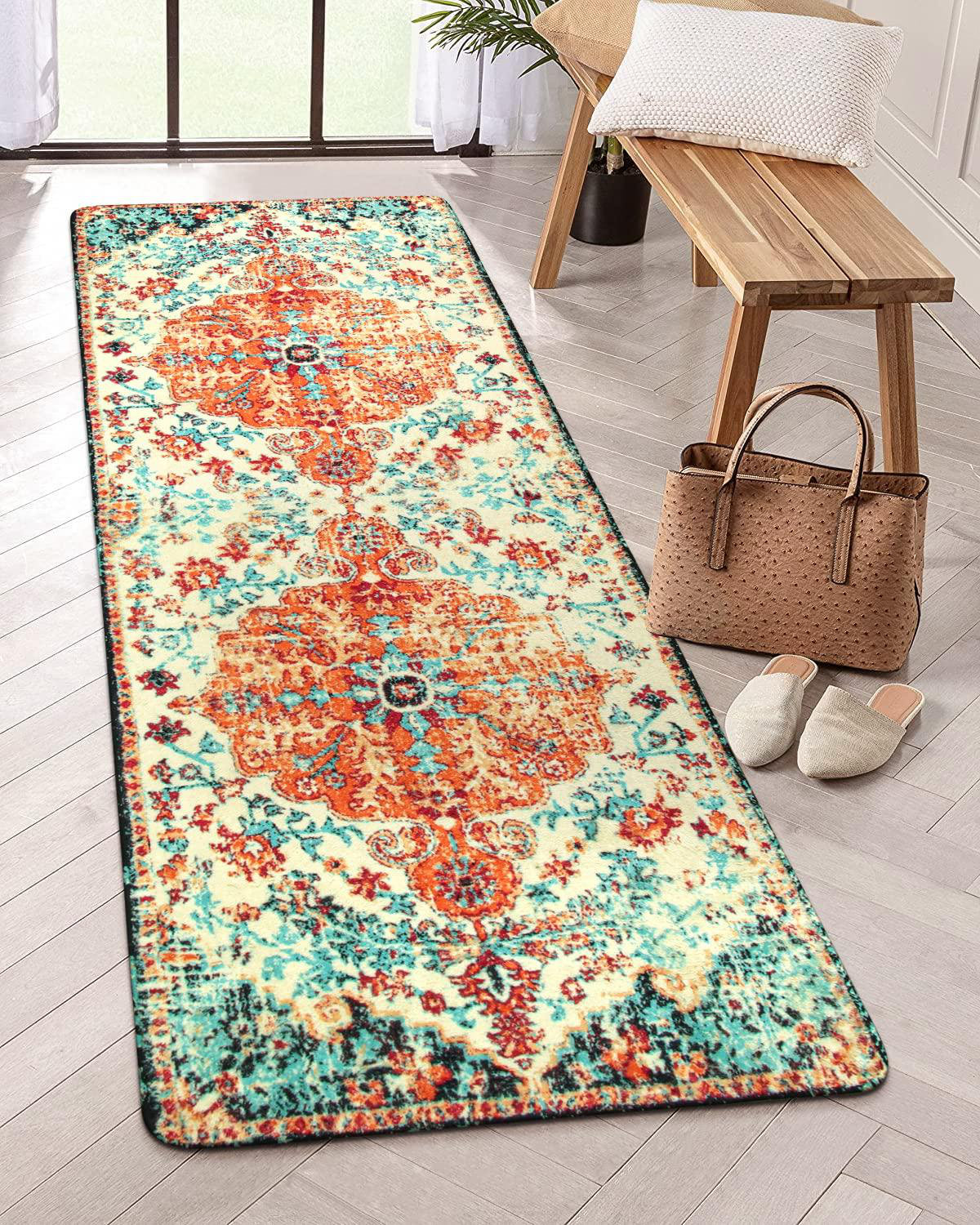 VOMGEB1 Orange Washable 2x7 Runner Rug with Rubber Backing | Wayfair