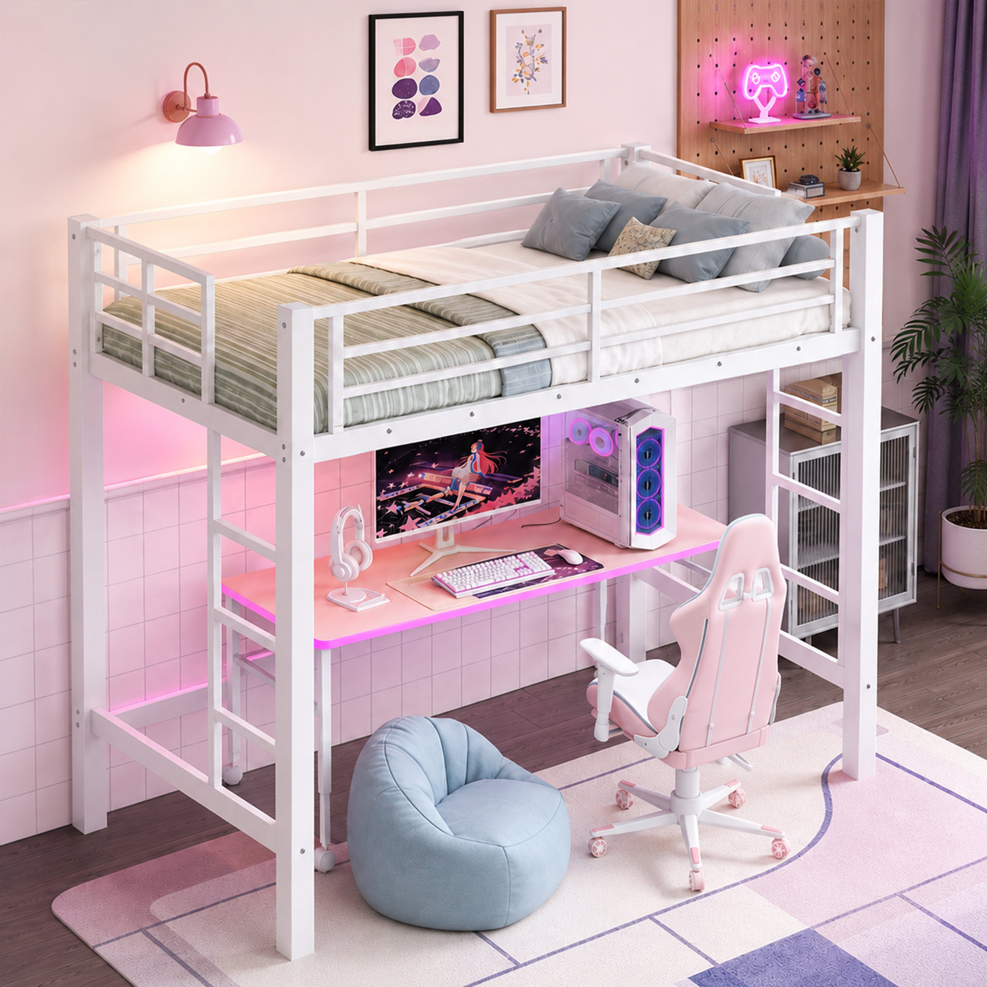 Wrought Studio™ Twin Size Metal Loft Bed, Loft Bed With Easy Climbing ...
