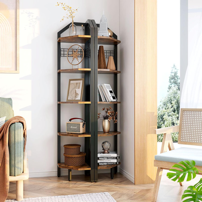 17 Stories 5-Tier Corner Shelf, Freestanding Corner Bookshelf, Plant ...