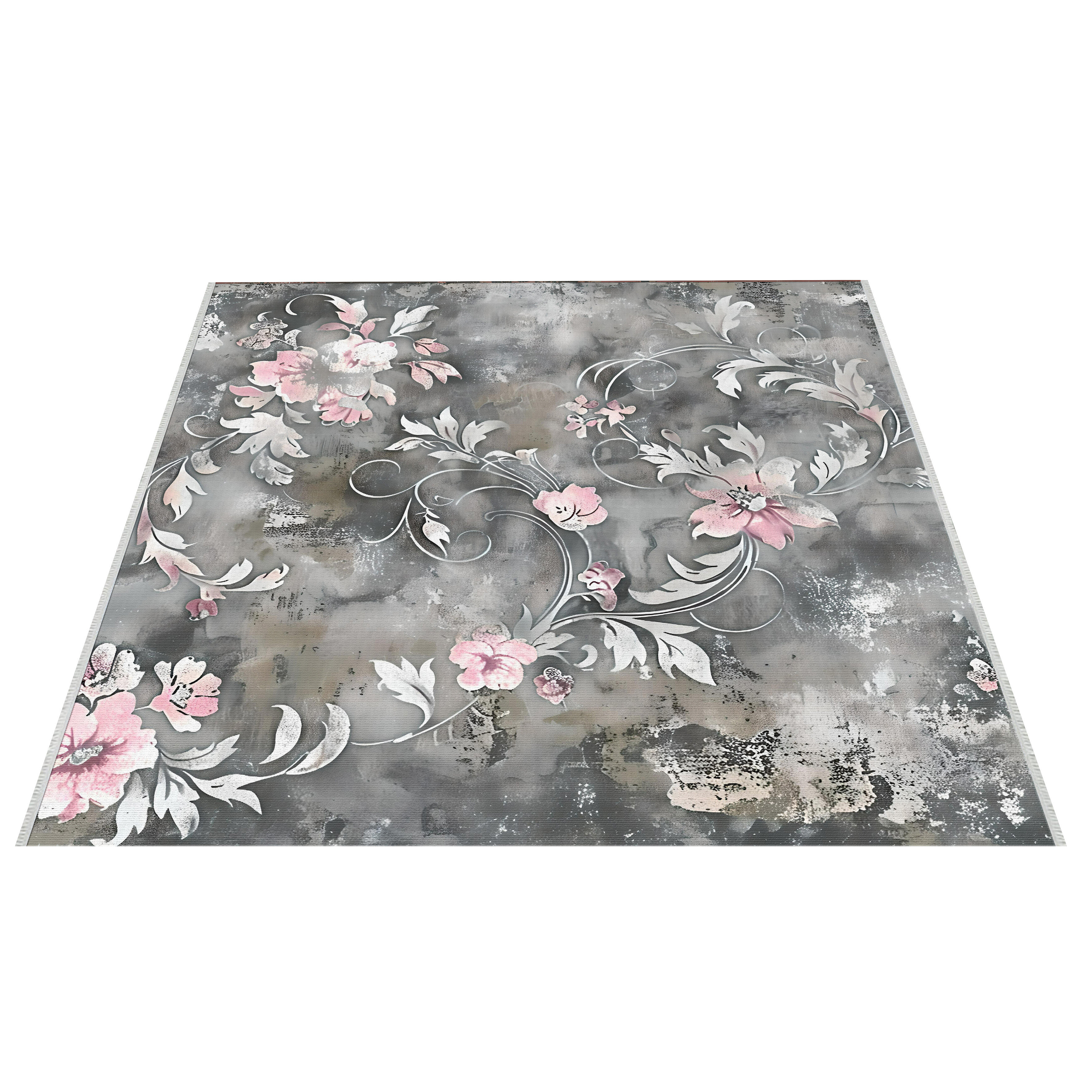 Lofy Delicate Floral Swirl Rug - Gray And Pink - Elegant Vintage Design ...