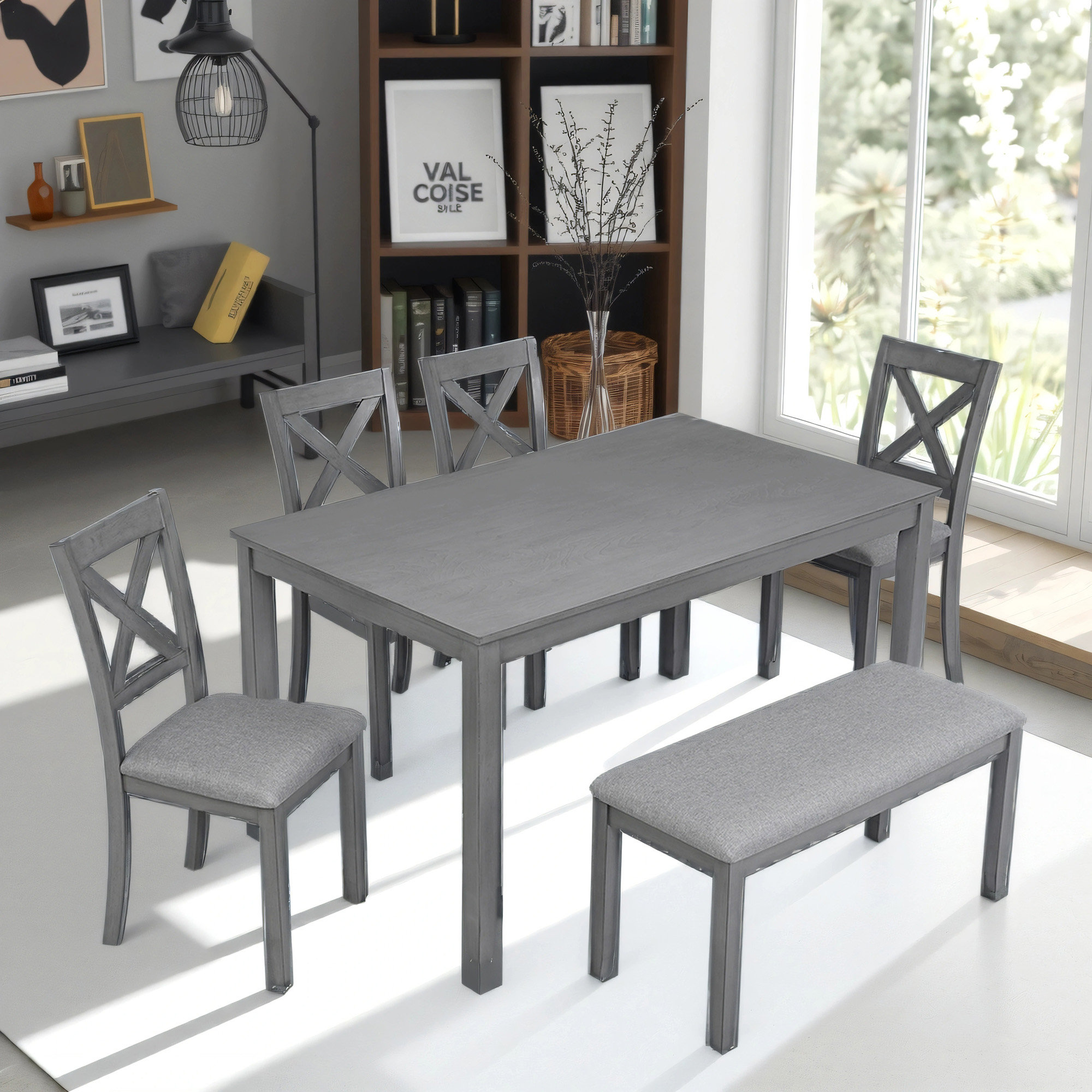 Gracie Oaks 6 Piece Kitchen Dining Set, Rectangular Wooden Dining Table ...
