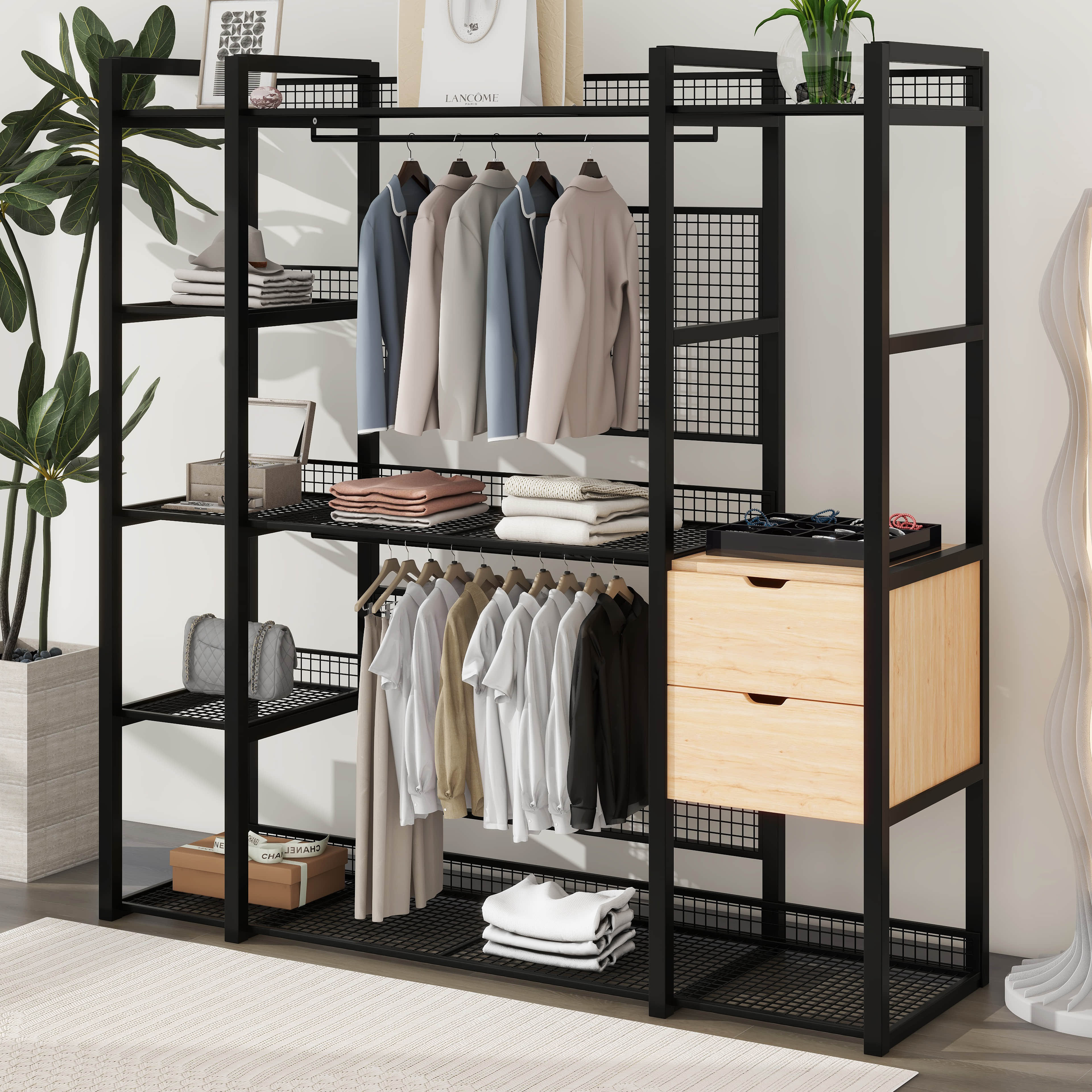 Ebern Designs Open-Style Wardrobe With Hanging Rails, Shelves, Drawers ...