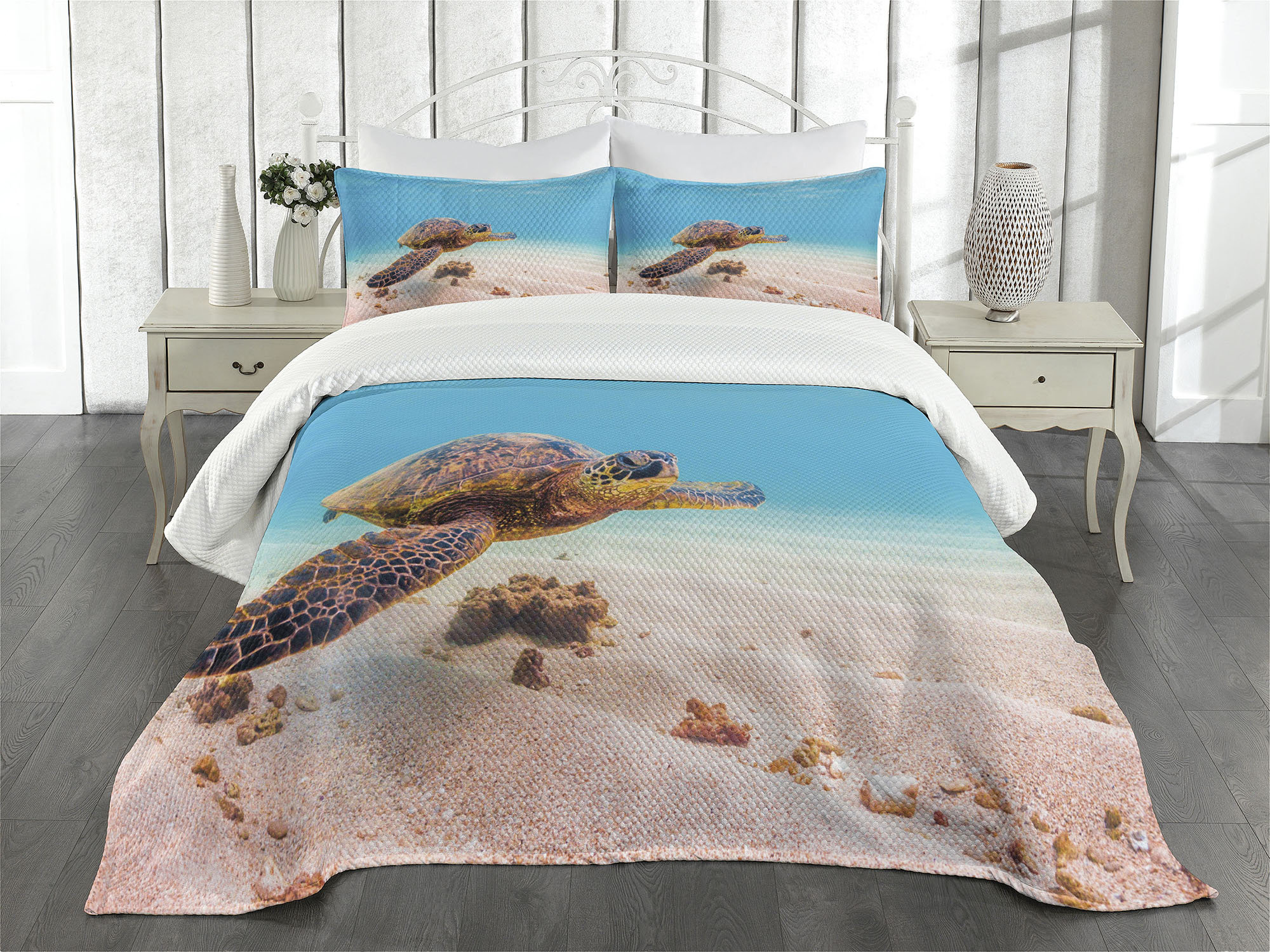 Ambesonne Hawaiian Bedspread Set Sea Turtle Underwater Aqua Cinnamon ...