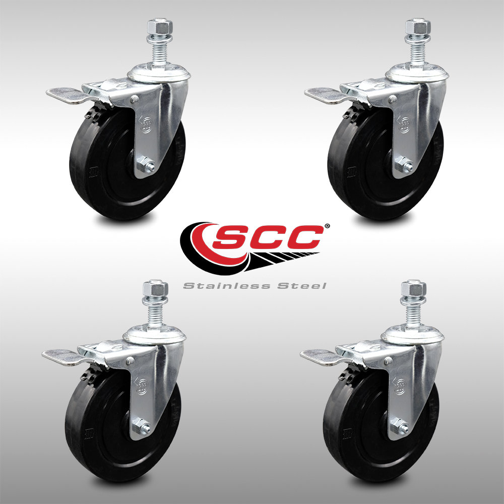Service Caster 5 Inch SS Soft Rubber Swivel ½ Inch Threaded Stem Caster Set Total Lock Brake ...