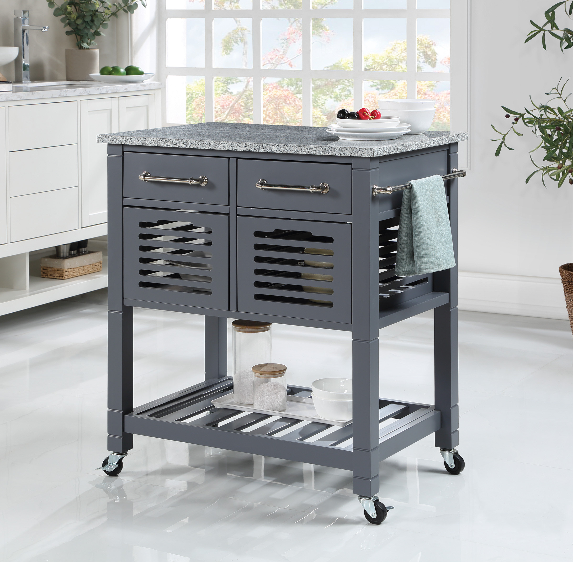 Orren Ellis Teresia 30.75'' Wide Rolling Kitchen Cart with Granite Top ...