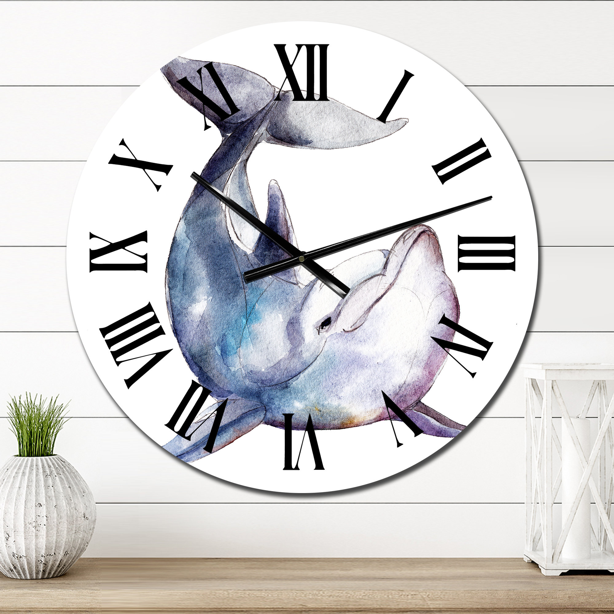 East Urban Home Blue Dolphin on White - Nautical & Coastal Wall Clock ...